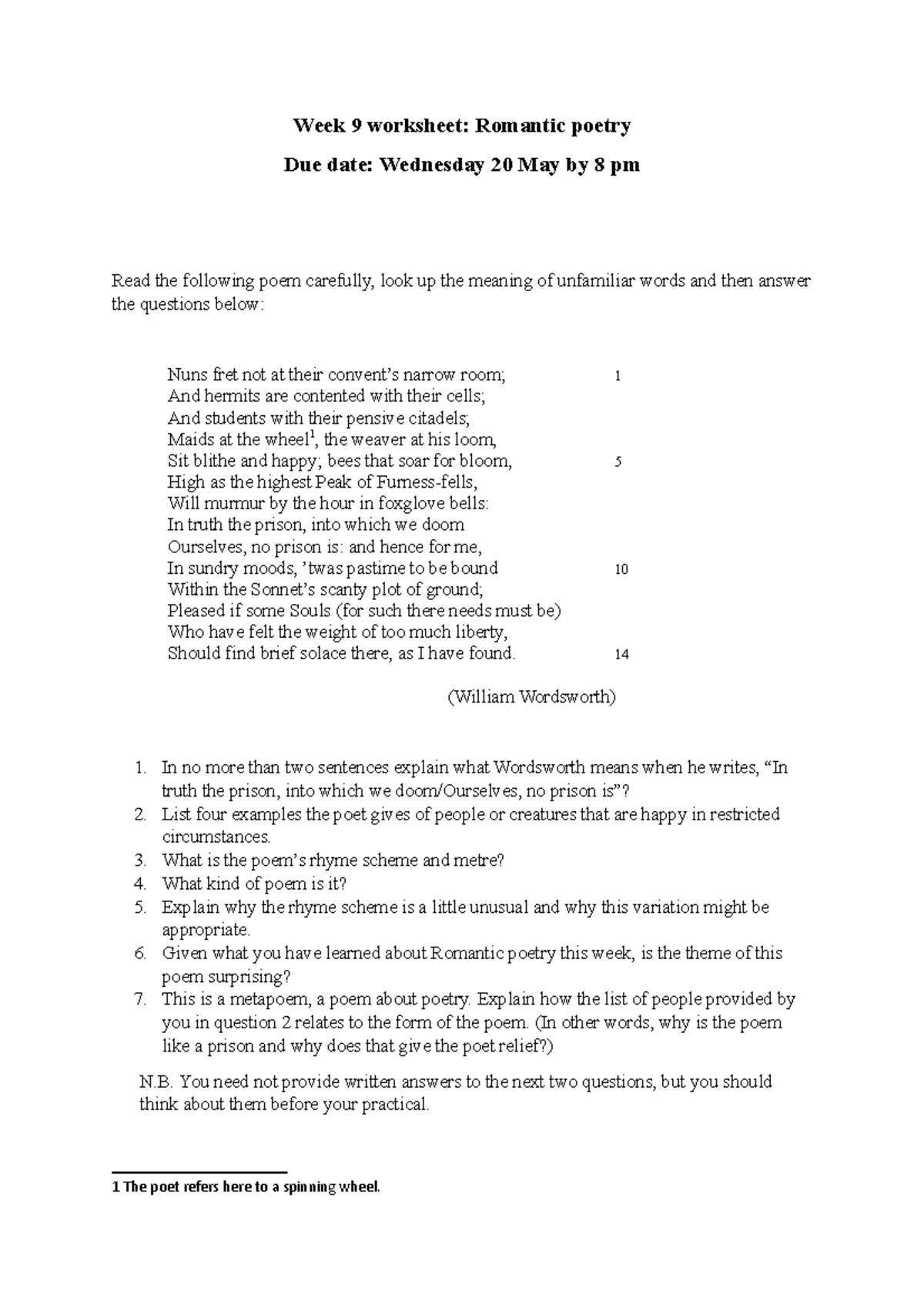 U20446340 Week 9 Romantic poetry worksheet - Week 9 worksheet: Romantic ...