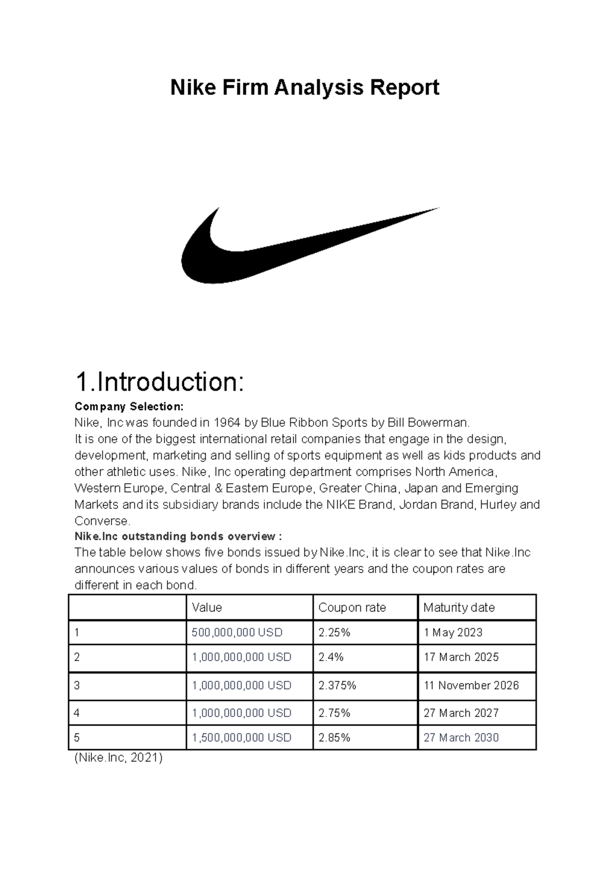 business finance final - Nike Firm Analysis Report 1: Company Selection ...