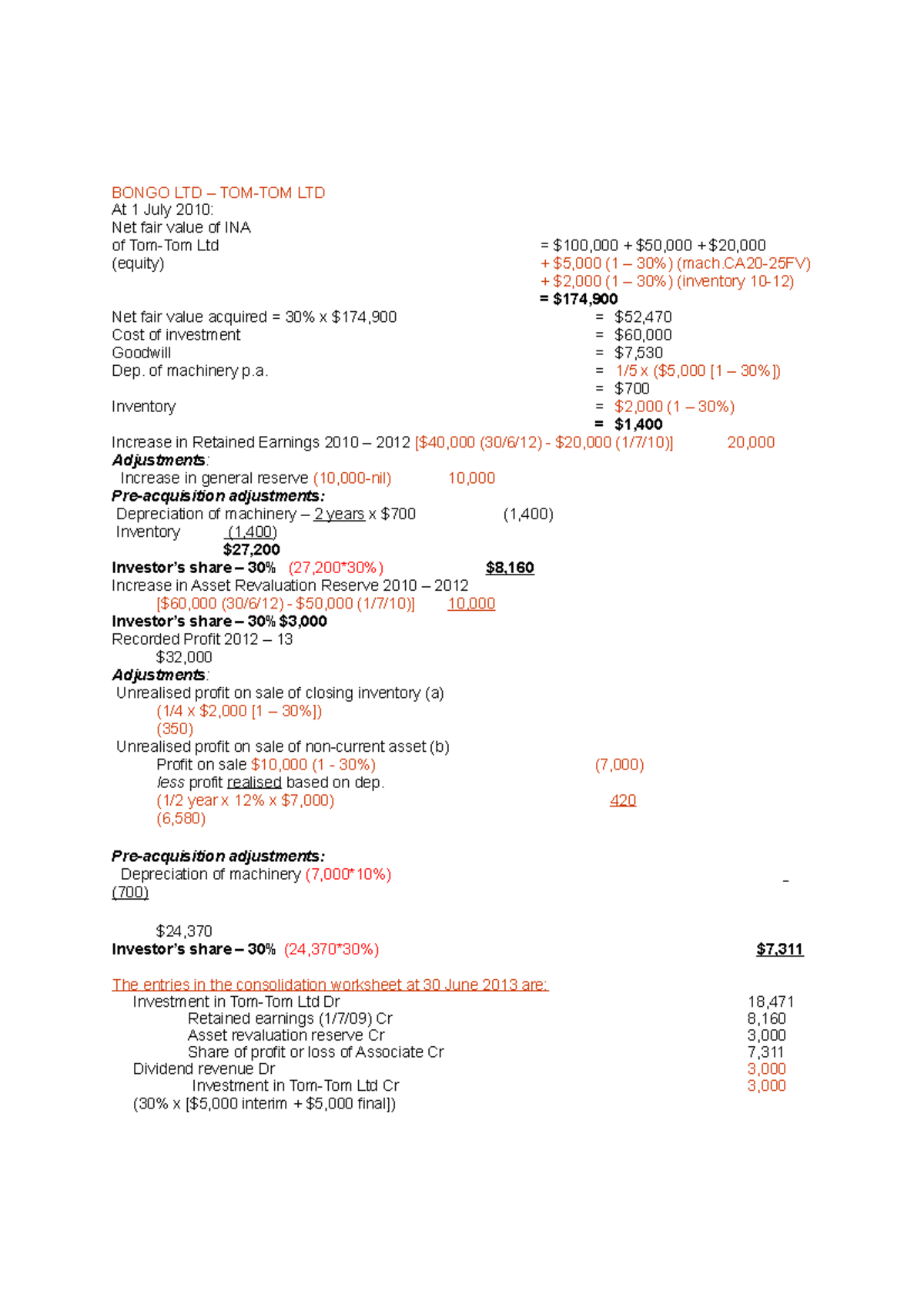 AYB340 - Case Study Answer Notes - BONGO LTD – TOM-TOM LTD At 1 July ...