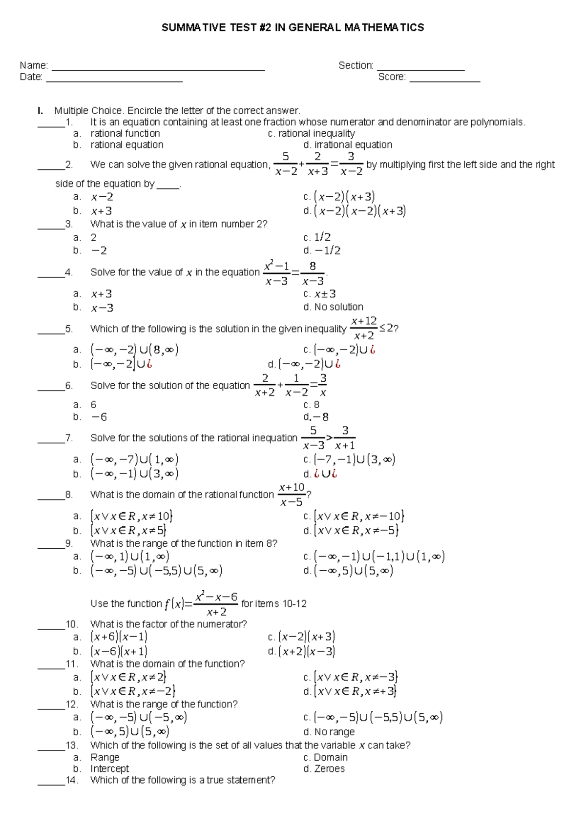 Summative Test 2 Rational Equations Inequalities and Functions ...