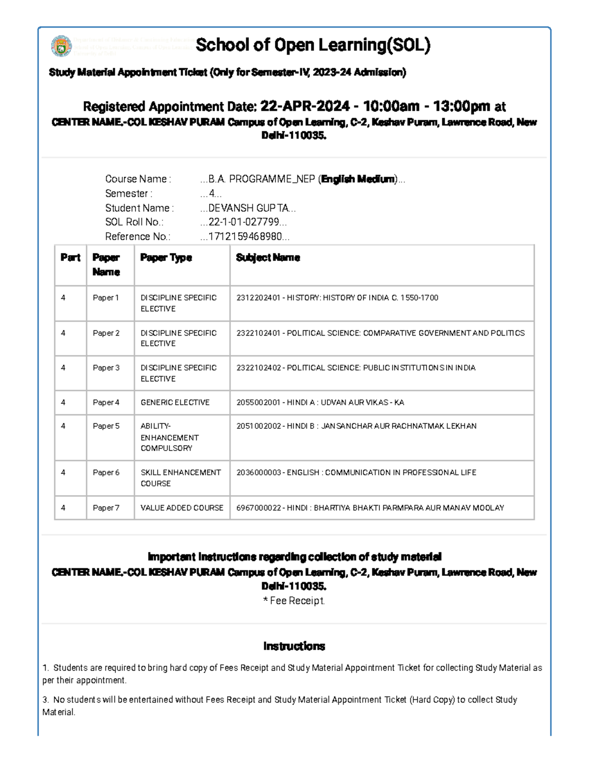 SOL Study Material Appointment - School of Open Learning(SOL) Study ...