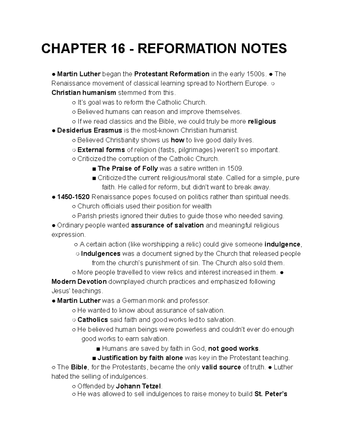 Chapter 16 - Reformation - CHAPTER 16 - REFORMATION NOTES Martin Luther ...