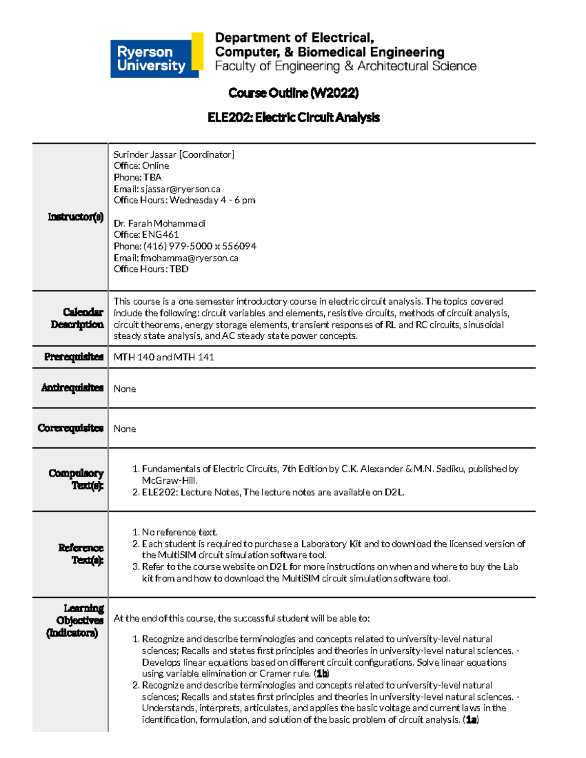 ELE202 course outline - Course Outline (W2022) ELE202: Electric Circuit ...