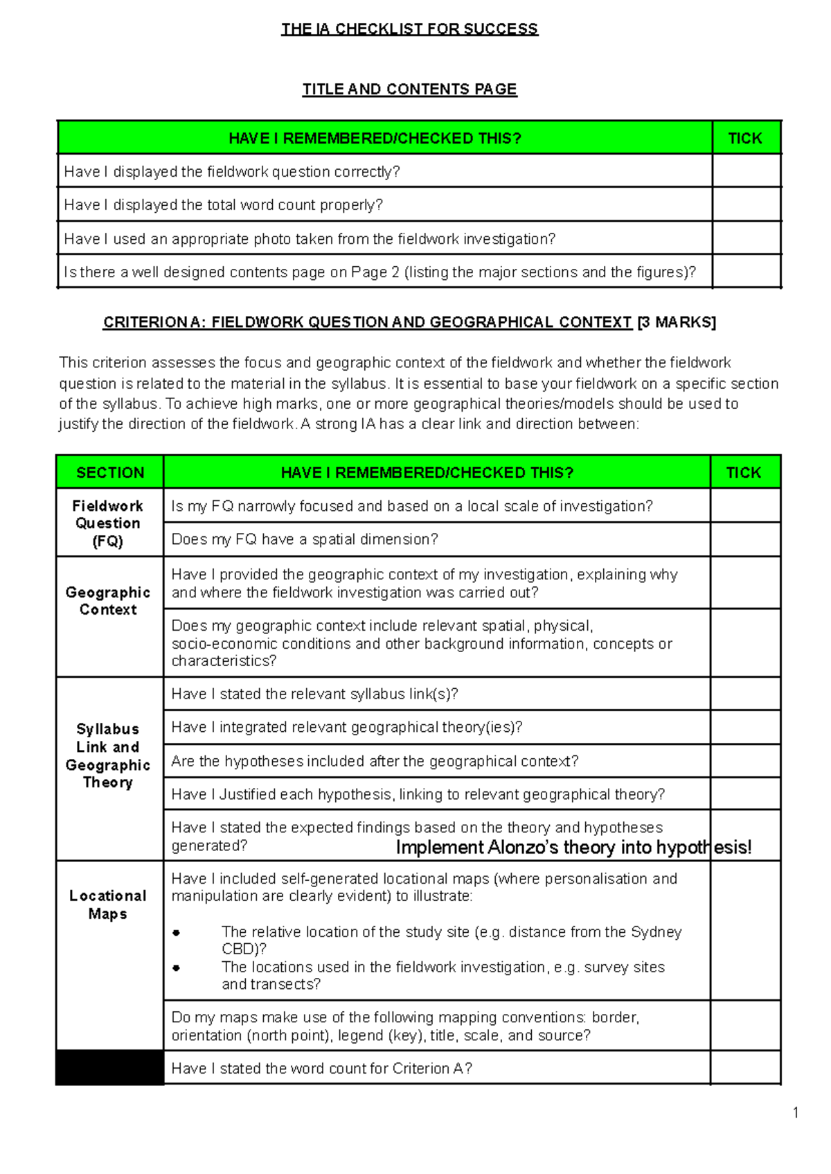 Geography IA Checklist for Success - THE IA CHECKLIST FOR SUCCESS TITLE ...