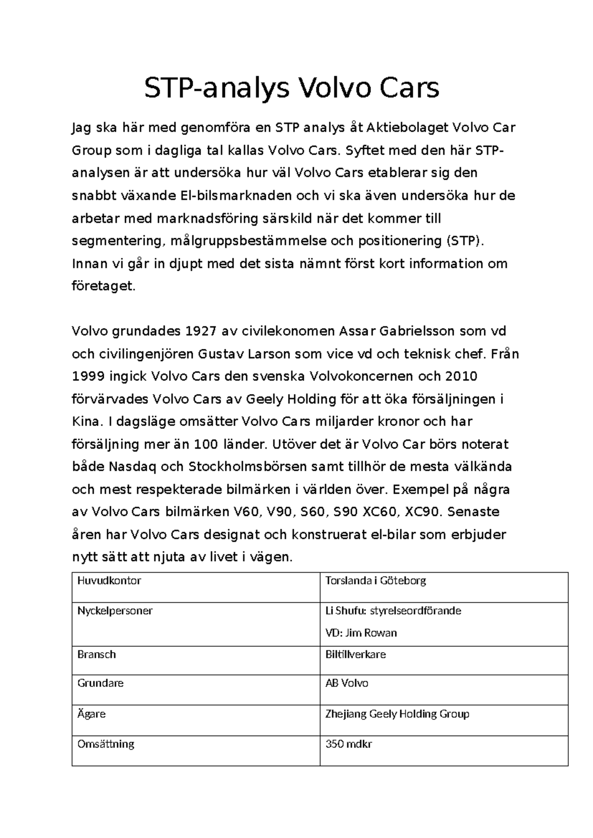 STP-analys 2024 - STP-analys Volvo Cars Jag ska här med genomföra en ...