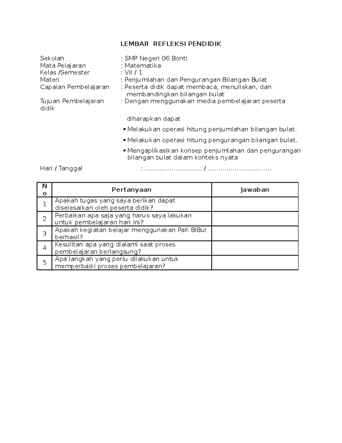 Lembar Refleksi Pendidik DAN Peserta Didik - LEMBAR REFLEKSI PENDIDIK ...