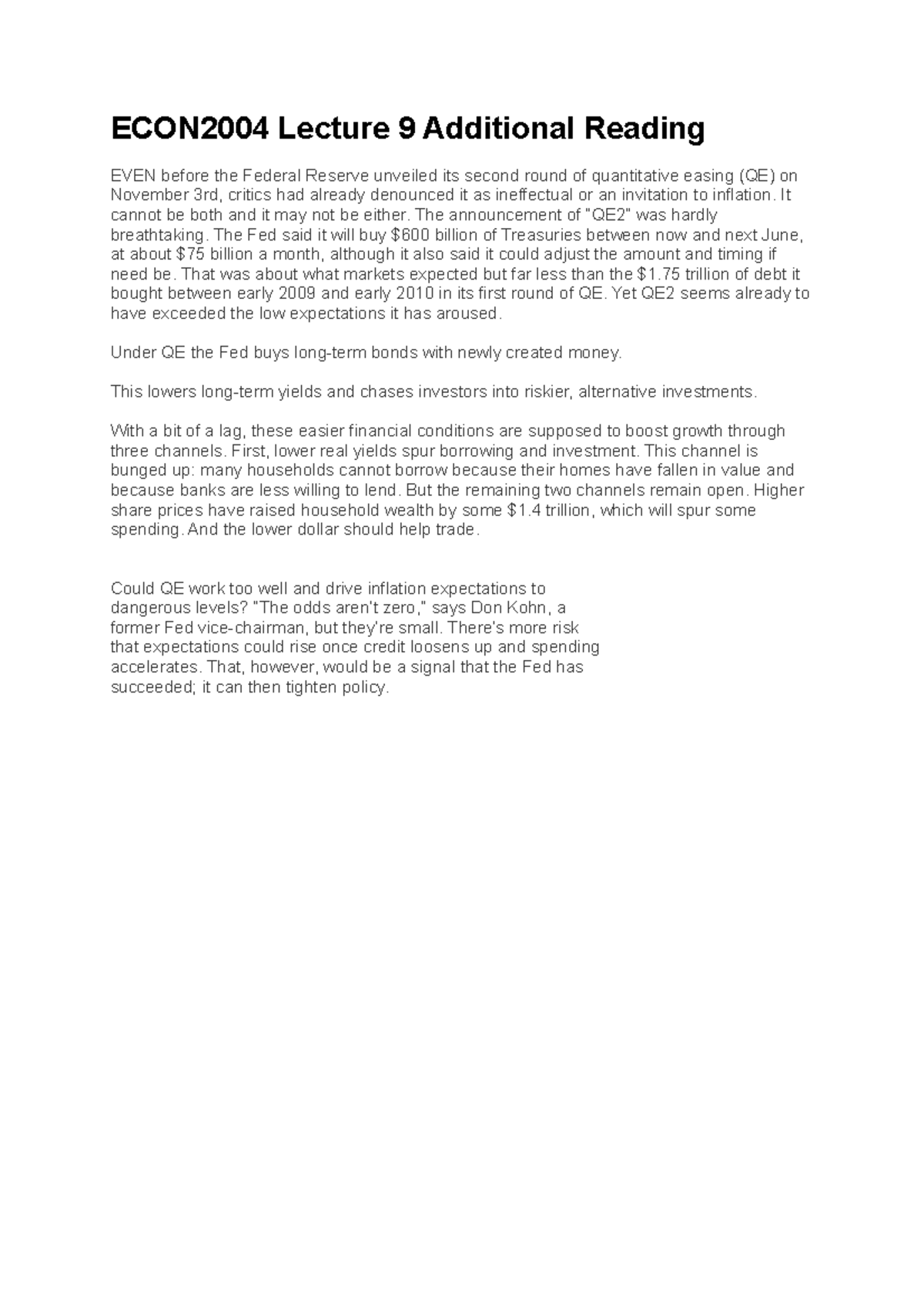 ECON2004 Lecture 8 Additional Reading - ECON2004 Lecture 9 Additional Reading EVEN before the ...