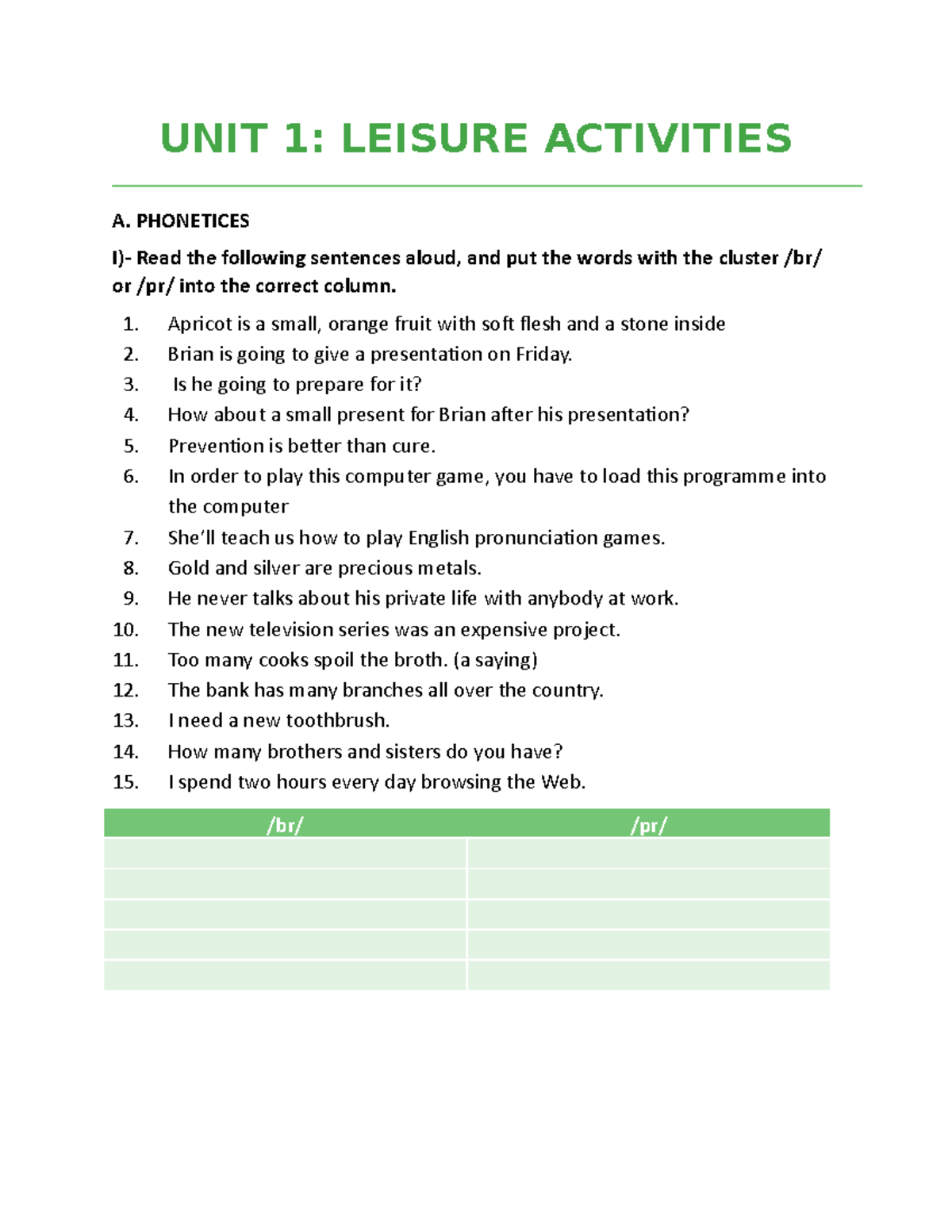 TEST 1 full - practice for grade 8 - UNIT 1: LEISURE ACTIVITIES A ...