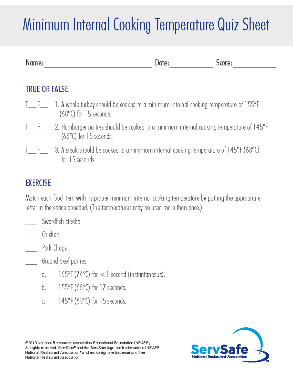 Minimal Internal Cooking Temperatures Quiz - A whole turkey should be ...