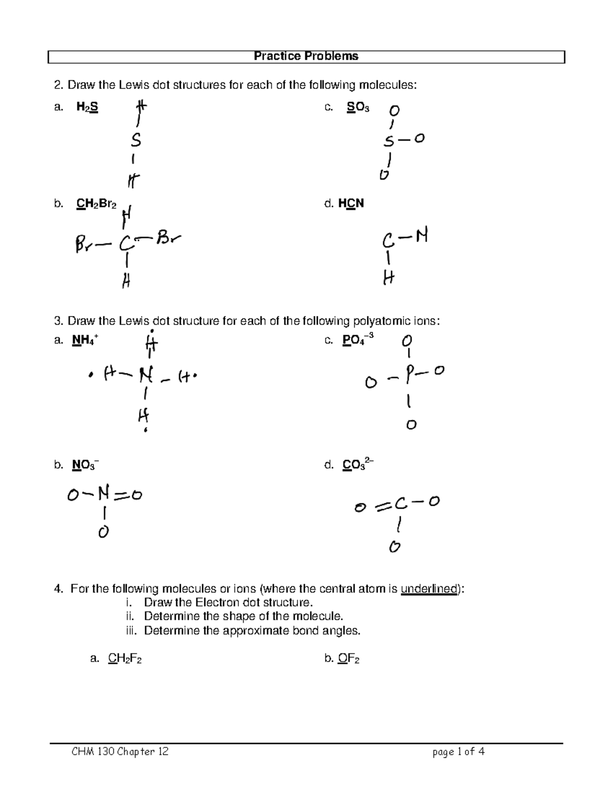 Lewis practice - Practice Problems Draw the Lewis dot structures for ...