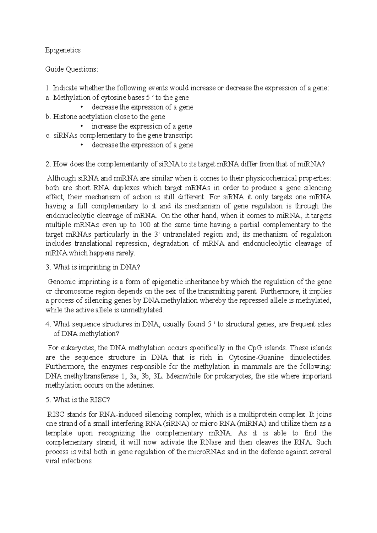 Epigenetics - Epigenetics Guide Questions: Indicate whether the ...