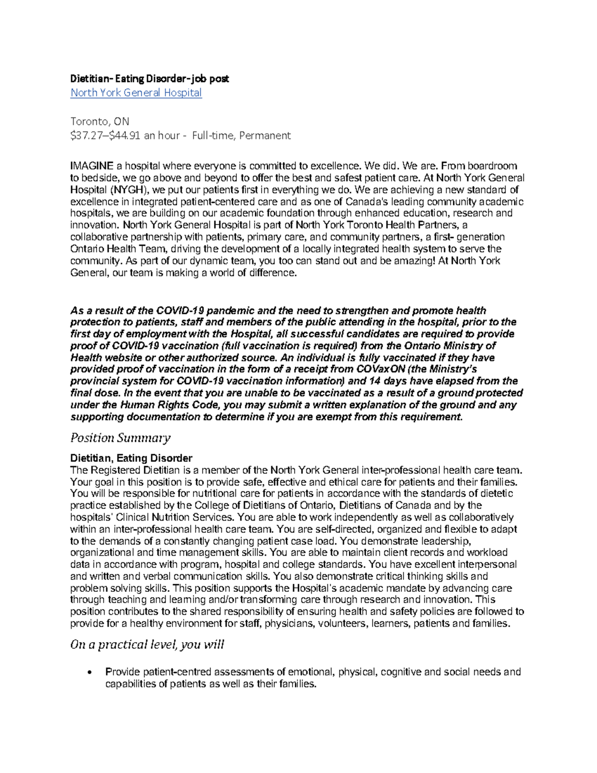 Dietitian- Eating Disorder Job post - Dietitian- Eating Disorder- job ...