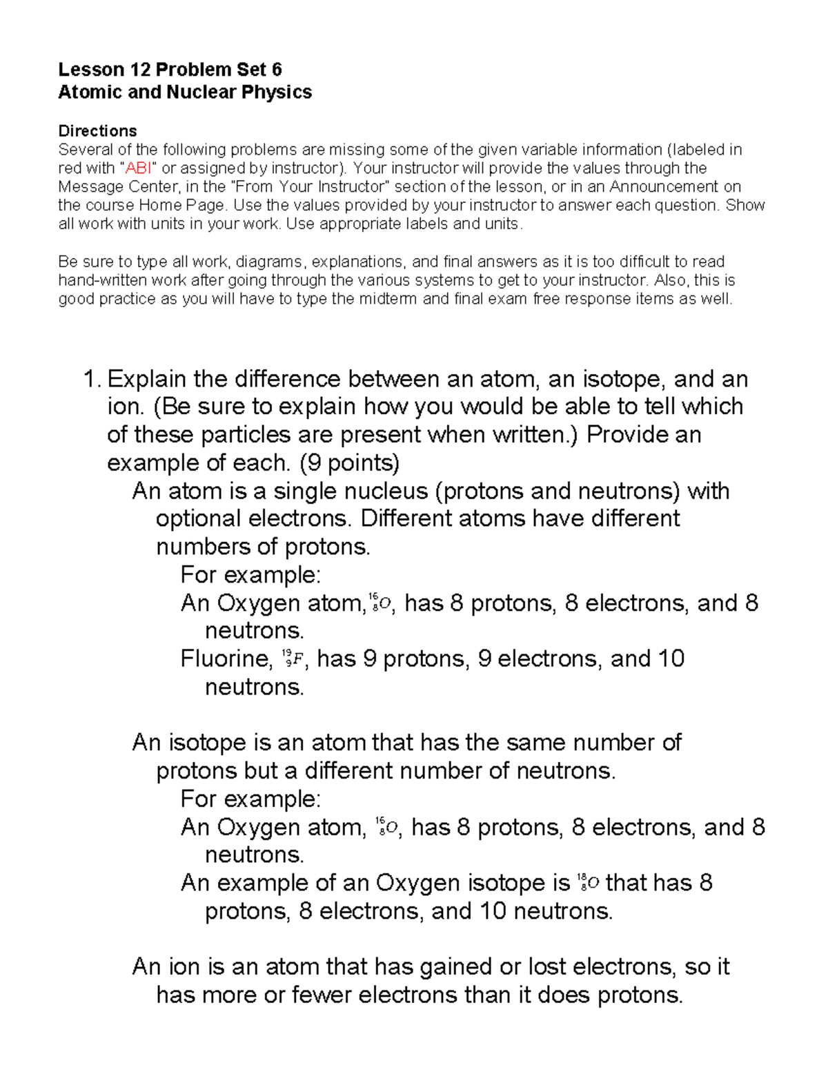 Doc - Atomic and Nuclear Physics - Lesson 12 Problem Set 6 Atomic and Nuclear Physics Directions ...
