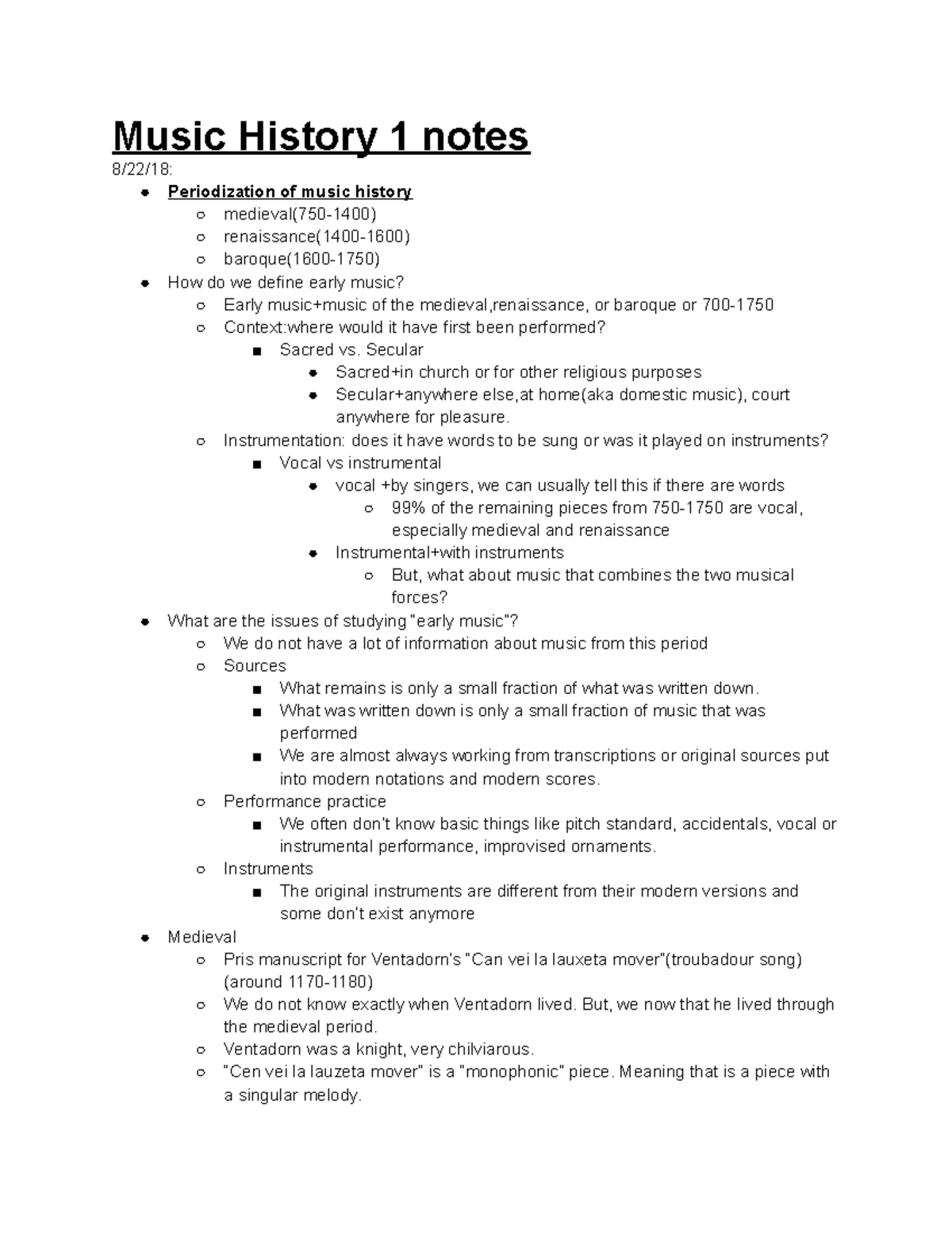 Music History 1 notes - Music History 1 notes 8/22/18: Periodization of ...