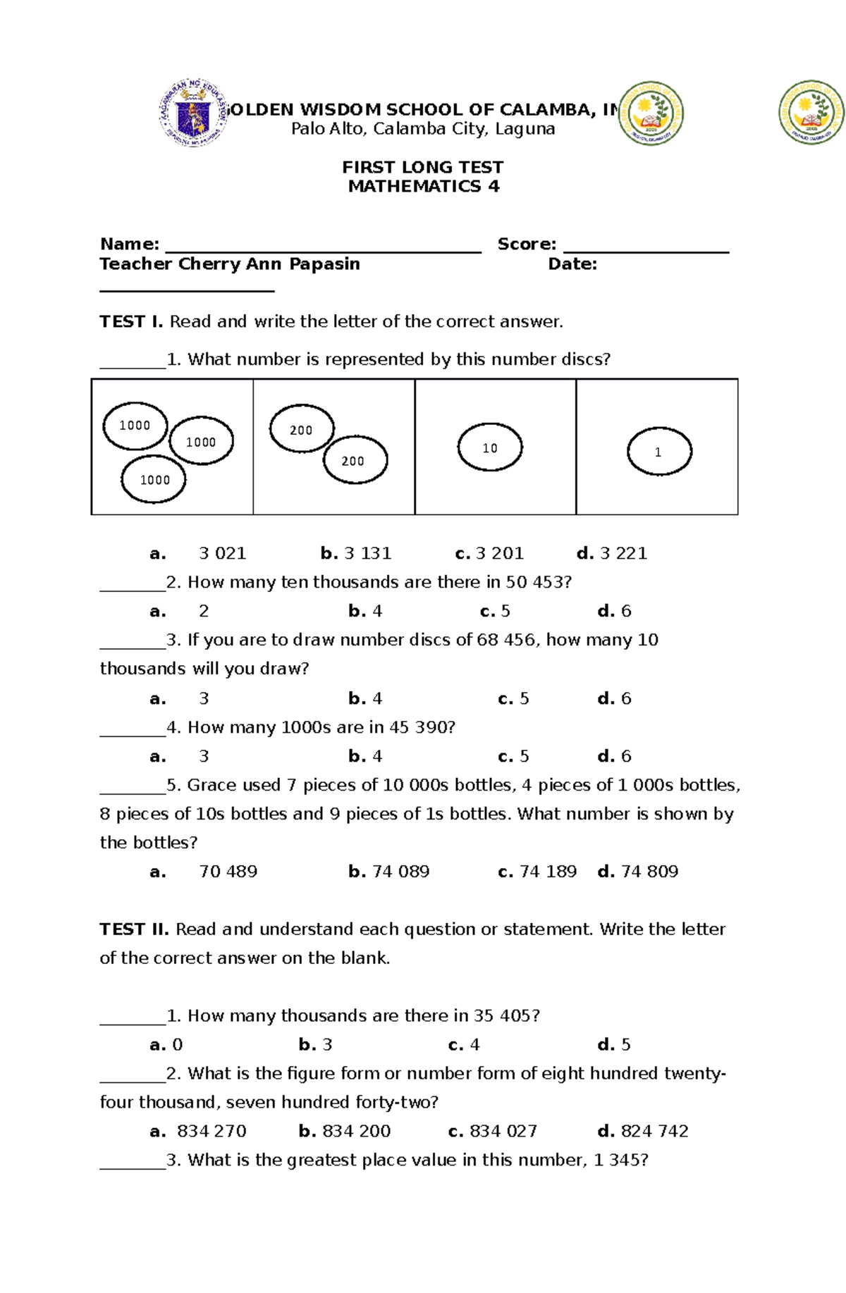 First long test grade 4 - Exam papers - GOLDEN WISDOM SCHOOL OF CALAMBA ...