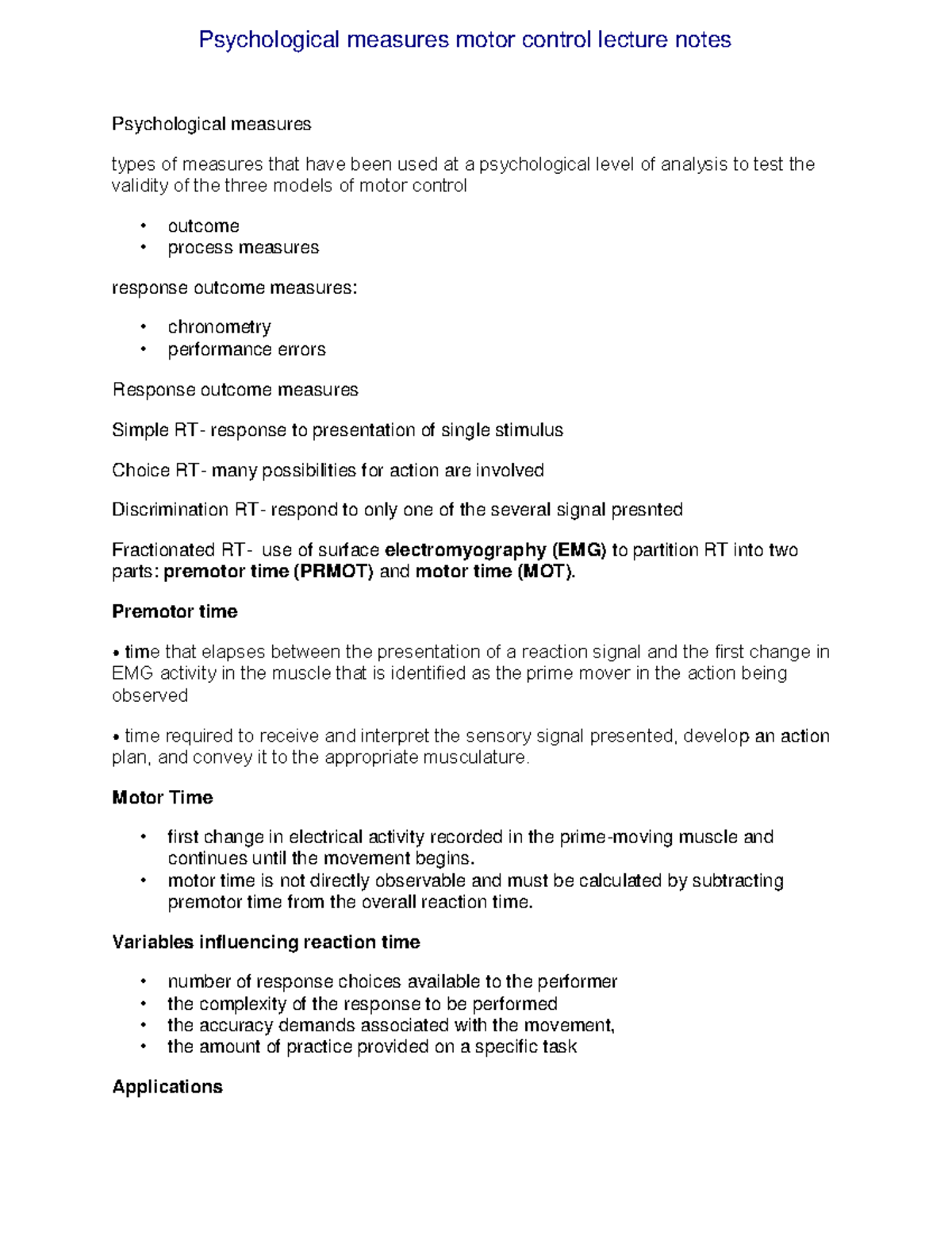 Psychological measures motor control lect notes - Psychological ...