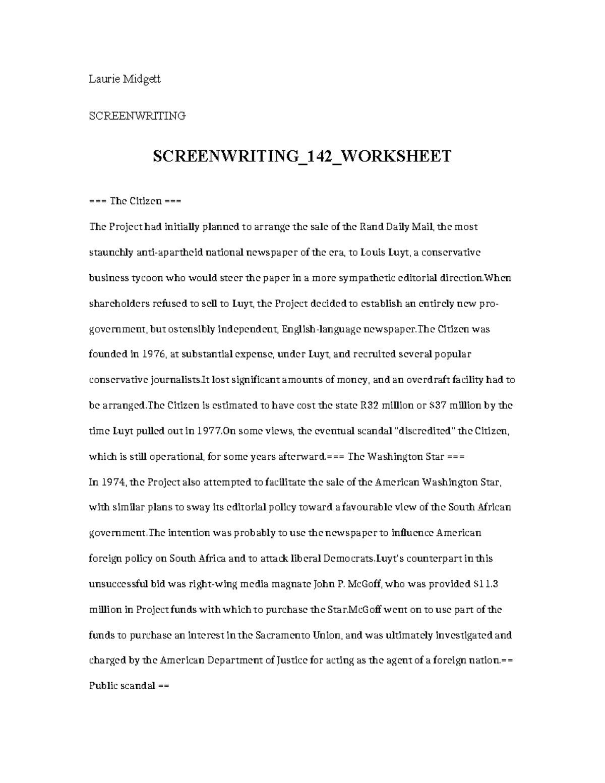 Screenwriting 142 Worksheet - Laurie Midgett SCREENWRITING ...