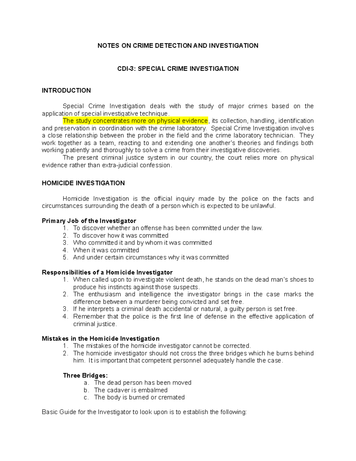 (CDI 3) Special Crime Investigation - NOTES ON CRIME DETECTION AND ...
