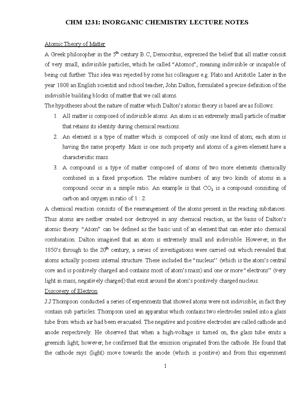 CHM 1231 Lecture Notes - CHM 1231: INORGANIC CHEMISTRY LECTURE NOTES ...