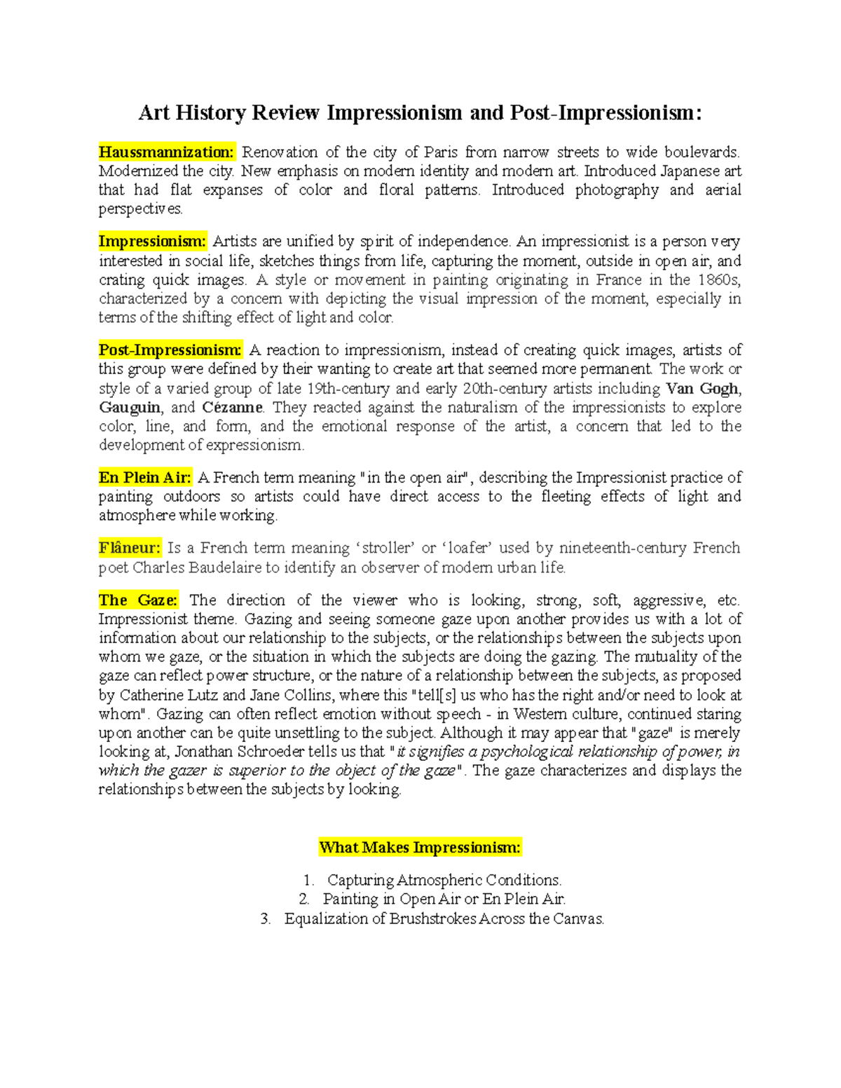 Art History Review Impressionism and Post Impressionism - Art History ...