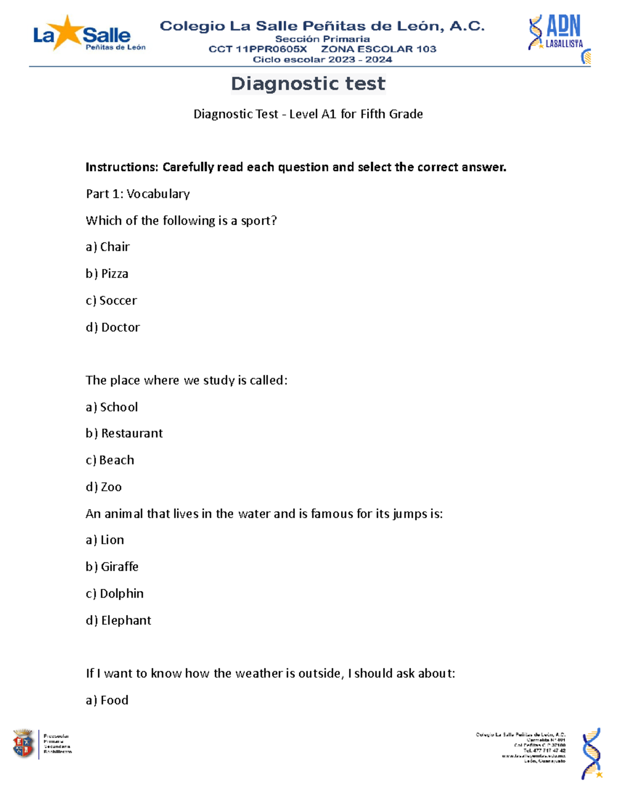 Diagnostic test 5th grade - Diagnostic test Diagnostic Test - Level A1 ...