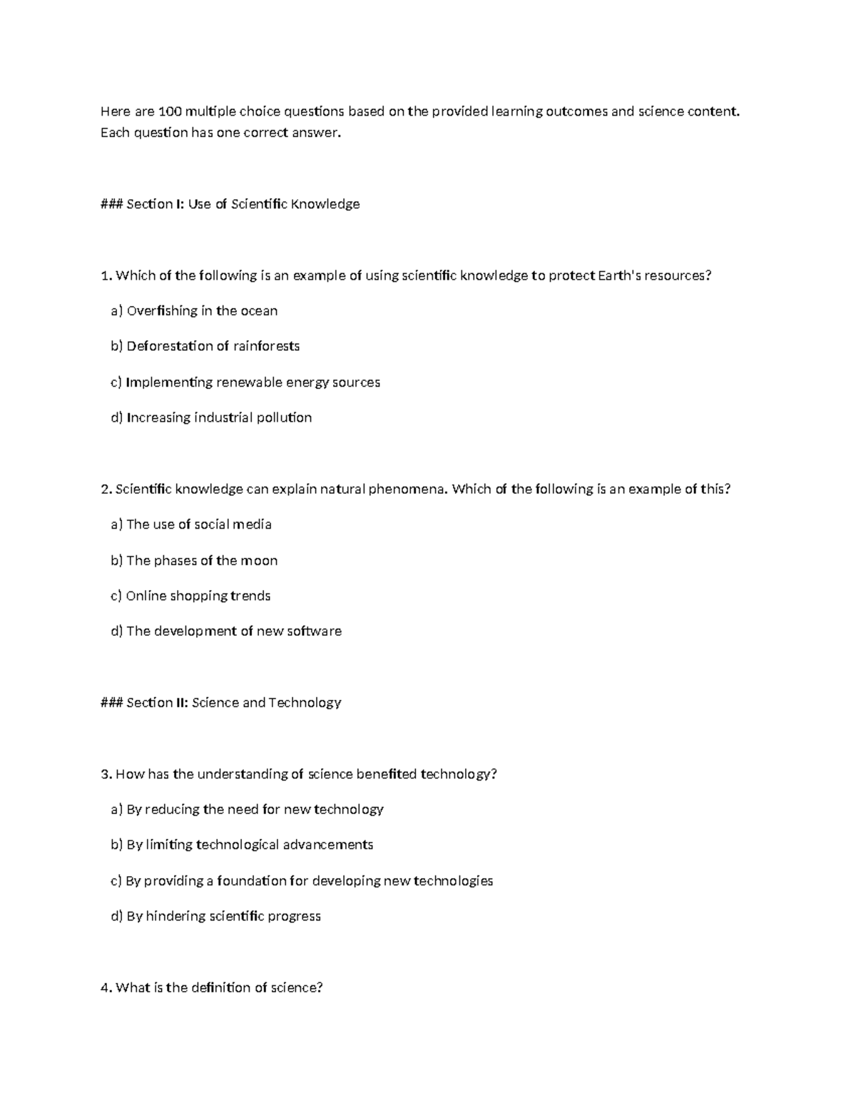 Science-exam-1 - exam - Here are 100 multiple choice questions based on ...