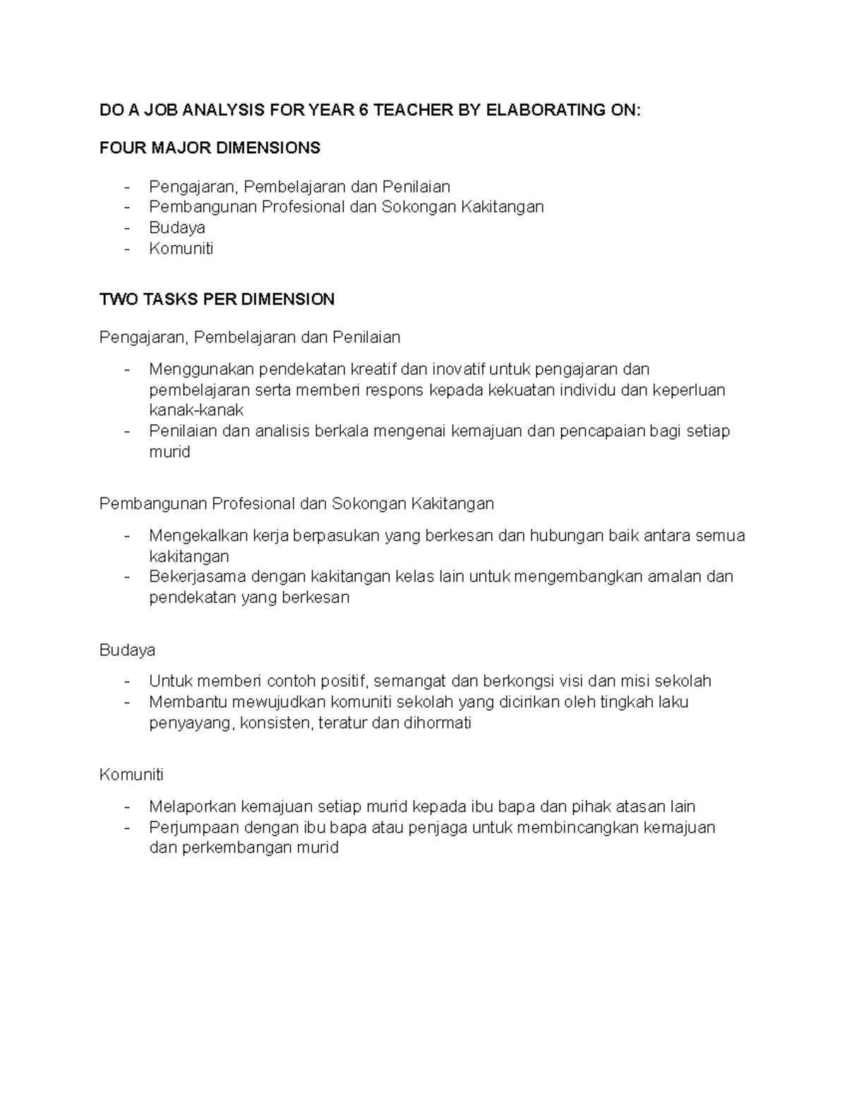 TASK 1 JOB Performance - DO A JOB ANALYSIS FOR YEAR 6 TEACHER BY ...