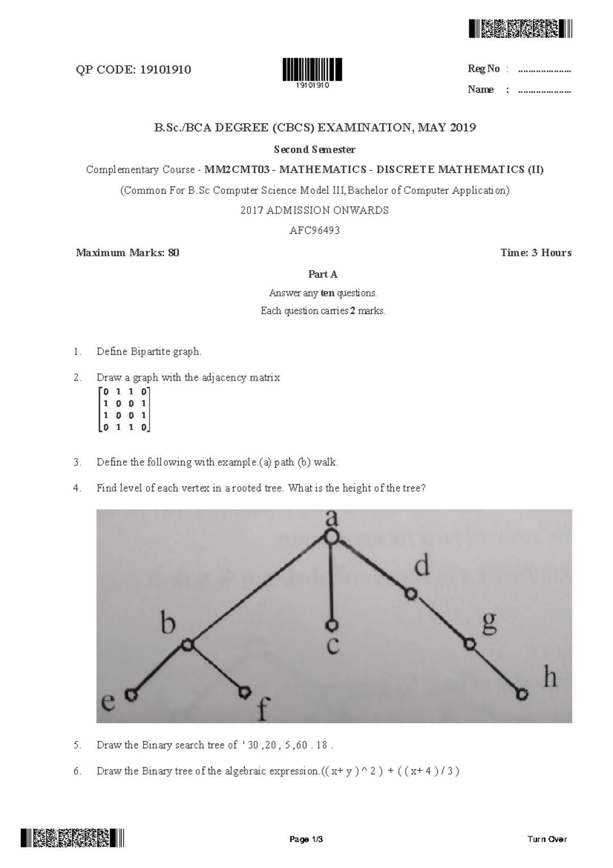 Mathematics Discrete Mathematics II min - QP CODE: 19101910 Reg No