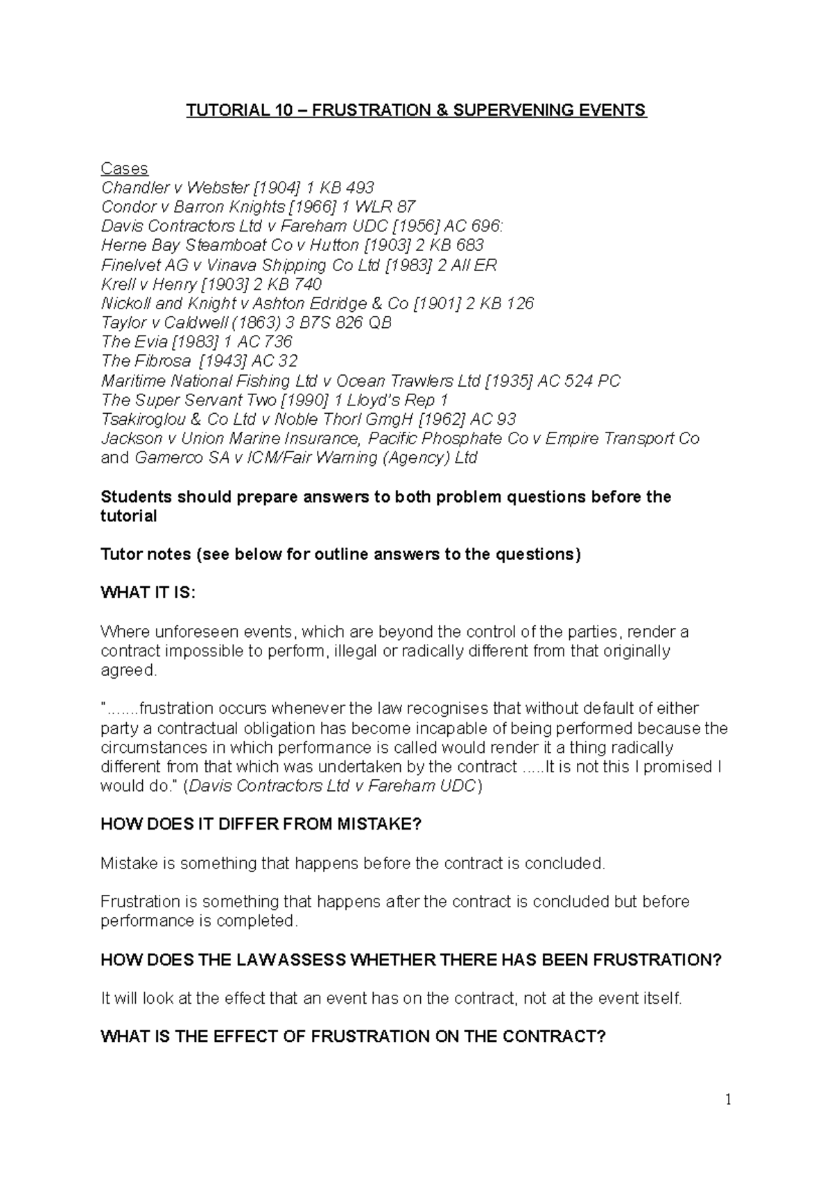 Tutorial 10 - detailed notes - TUTORIAL 10 – FRUSTRATION & SUPERVENING ...