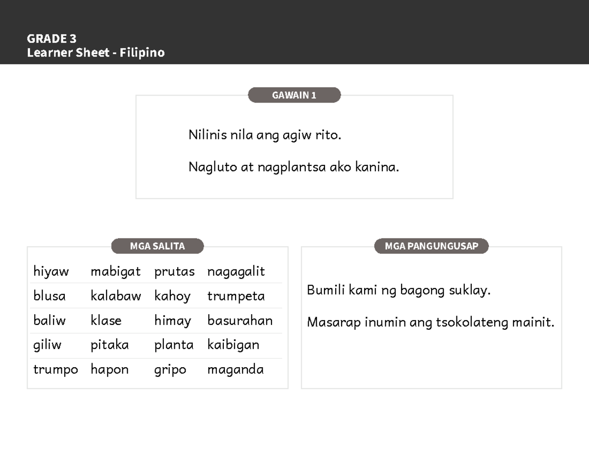 R8 Waray Bo SY Learner Sheets v4 - Learner Sheet - Filipino Nilinis ...