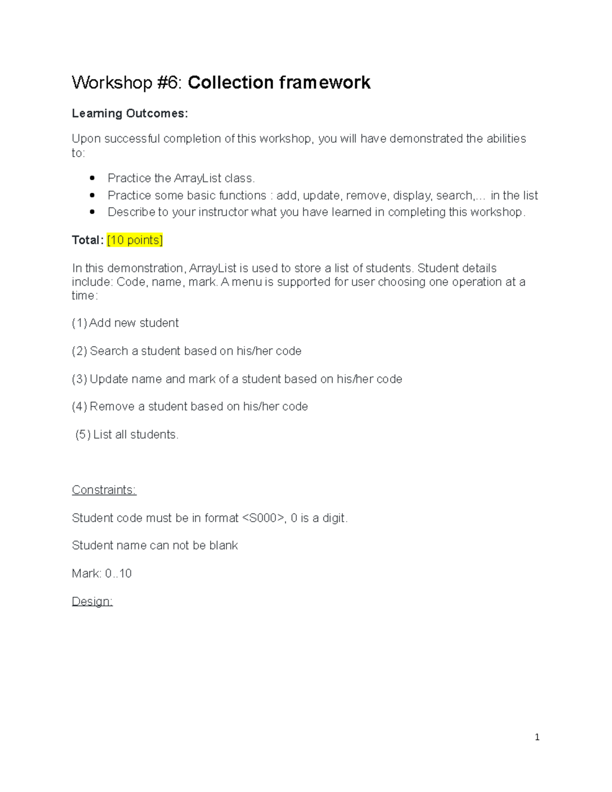 Workshop 6 - ws6 - Workshop #6: Collection framework Learning Outcomes ...