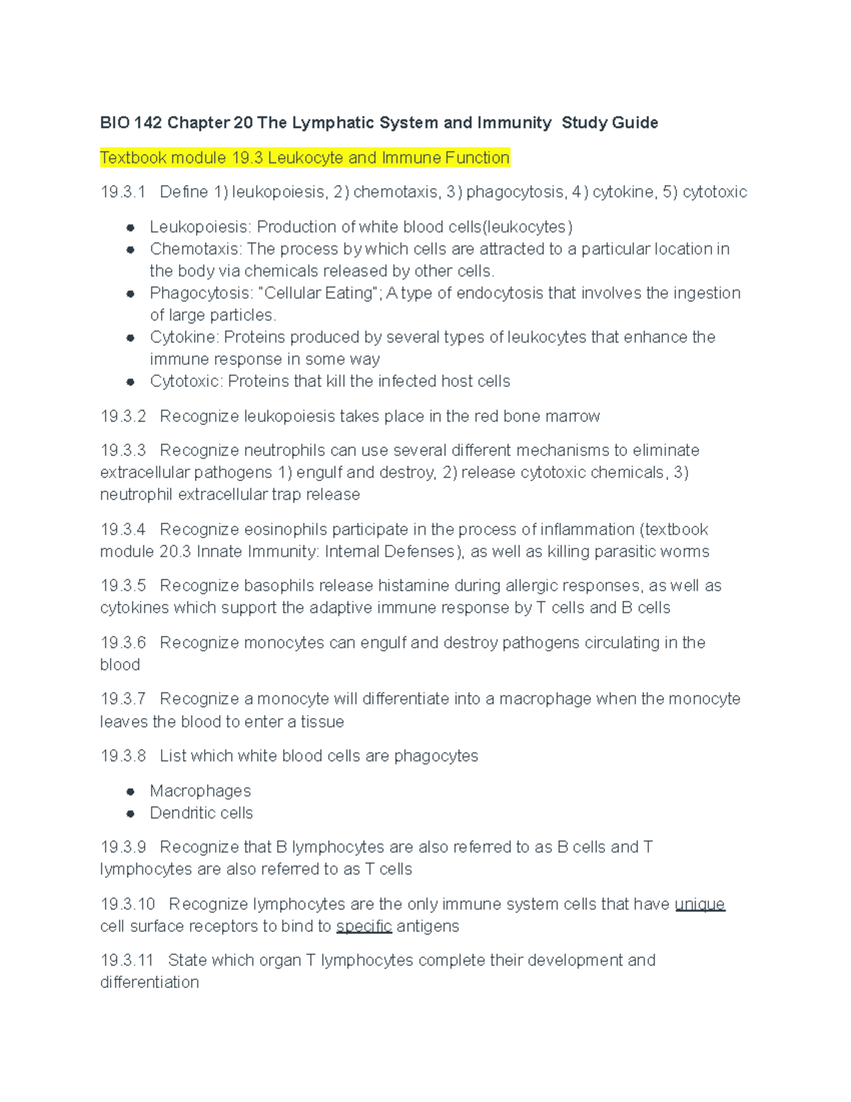 BIO 142 Chapter 20 The Lymphatic System and Immunity Study Guide - 3 ...