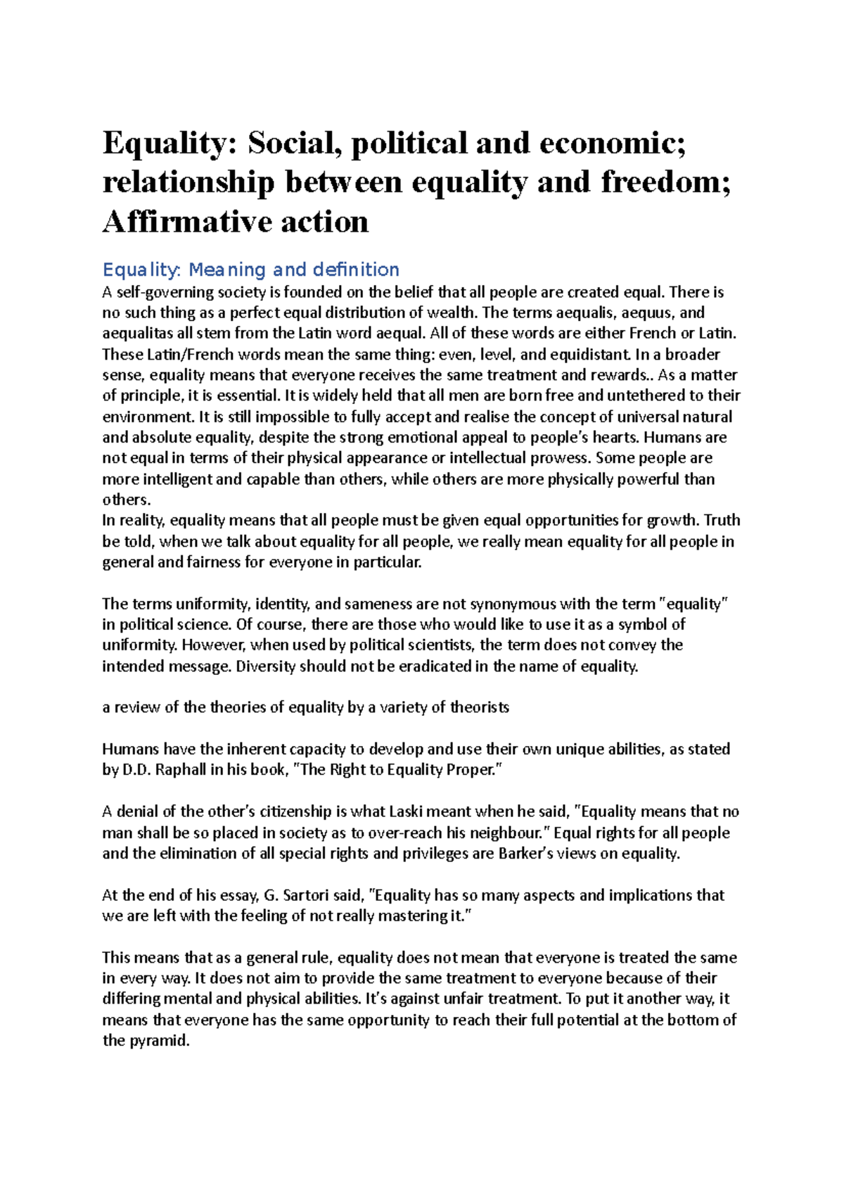 Equality- Social, political and economic; relationship between equality ...