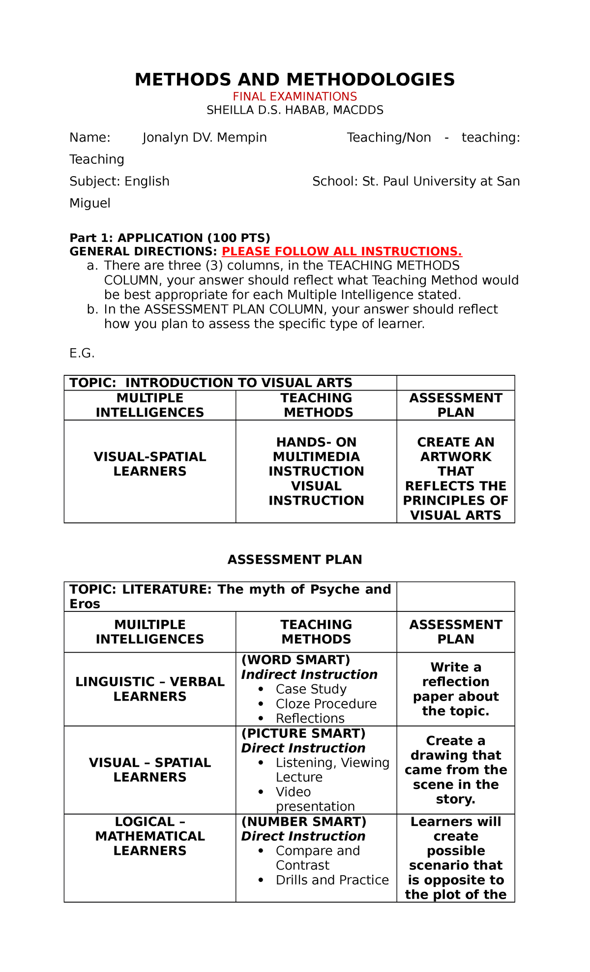 Jonalyn Mempin Assessment PLAN Activity - METHODS AND METHODOLOGIES ...