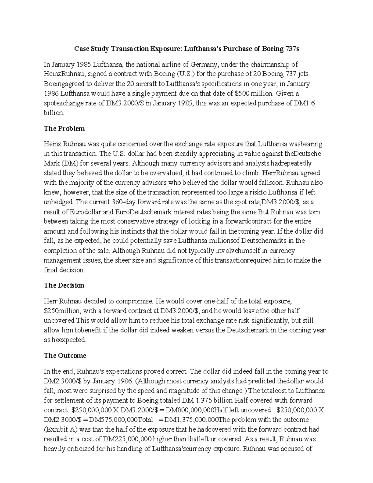Case Study Transaction Exposure - ) for the purchase of 20 Boeing 737 ...