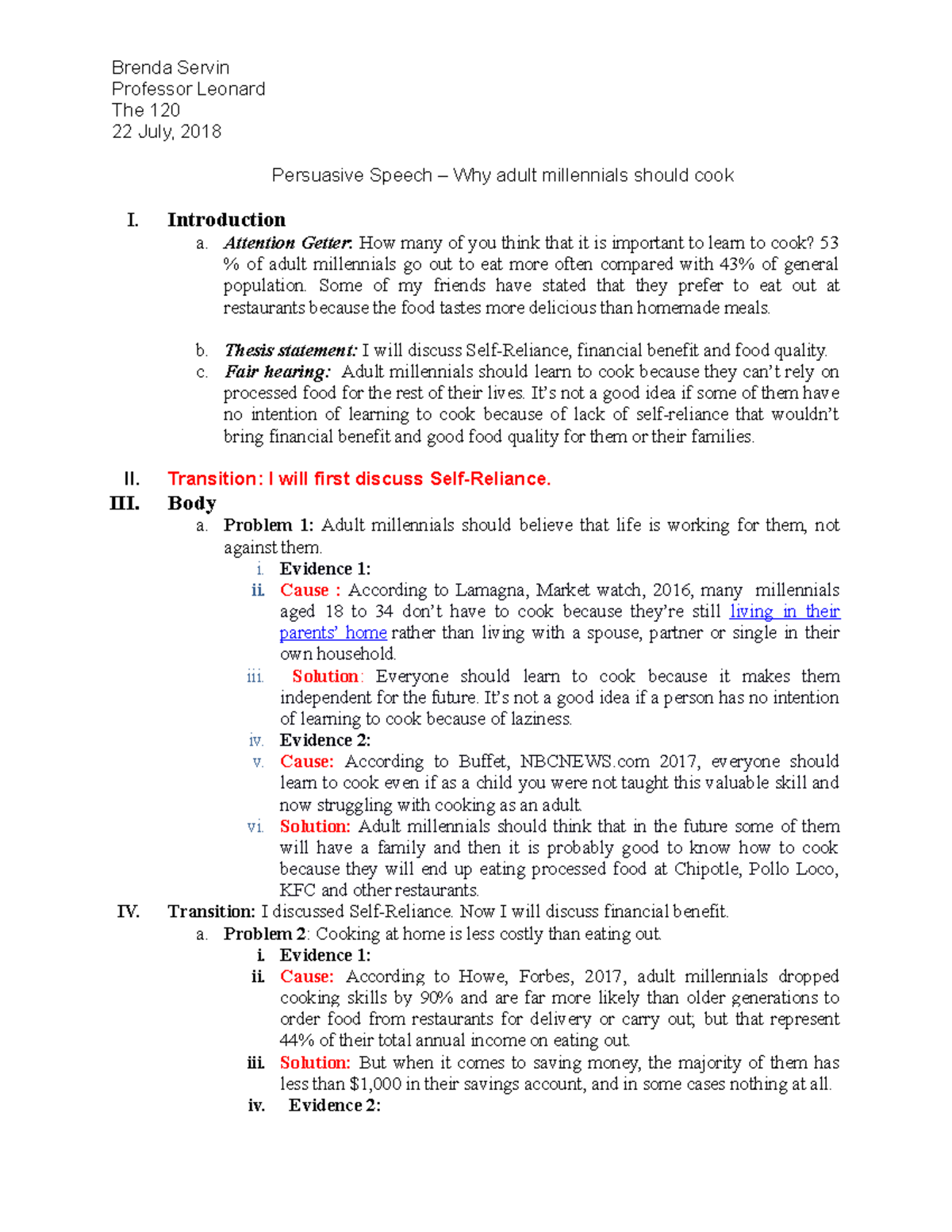 Persuasive - Why Adult Millennials Should Cook Speech #3 - Brenda ...