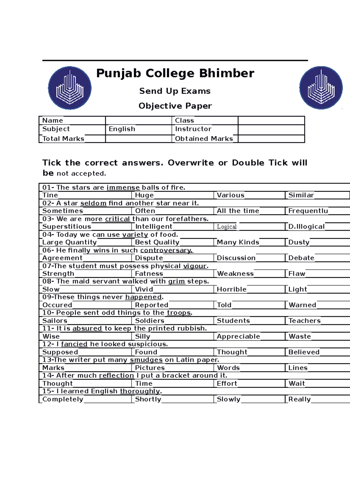 English Obj Send Up 2nd Year - Punjab College Bhimber Send Up Exams ...