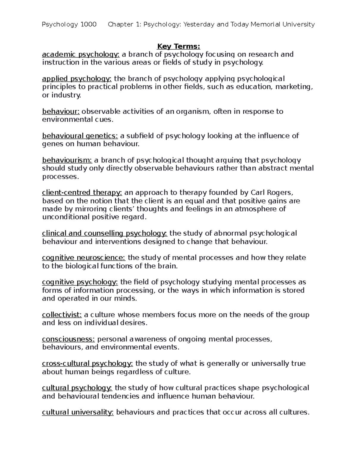 Chapter 1 Review - Key Terms: academic psychology: a branch of ...