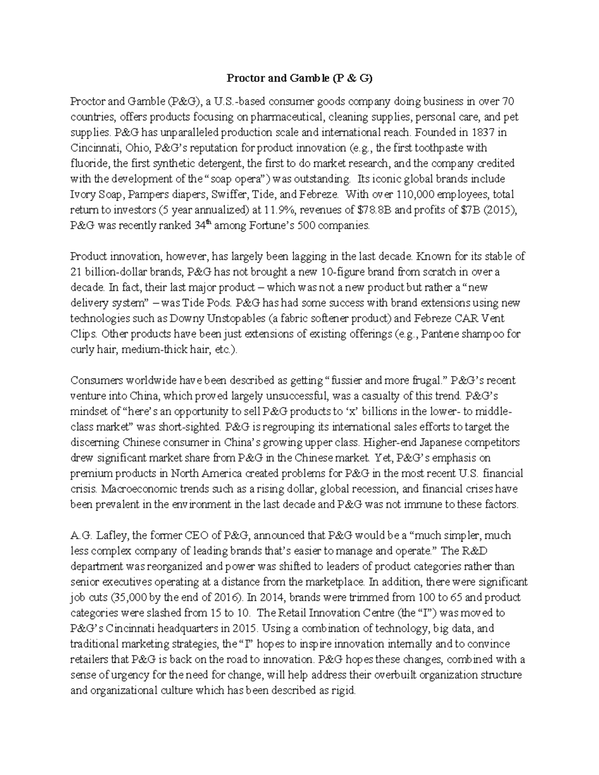 Proctor and Gamble case (1) - Proctor and Gamble (P & G) Proctor and ...