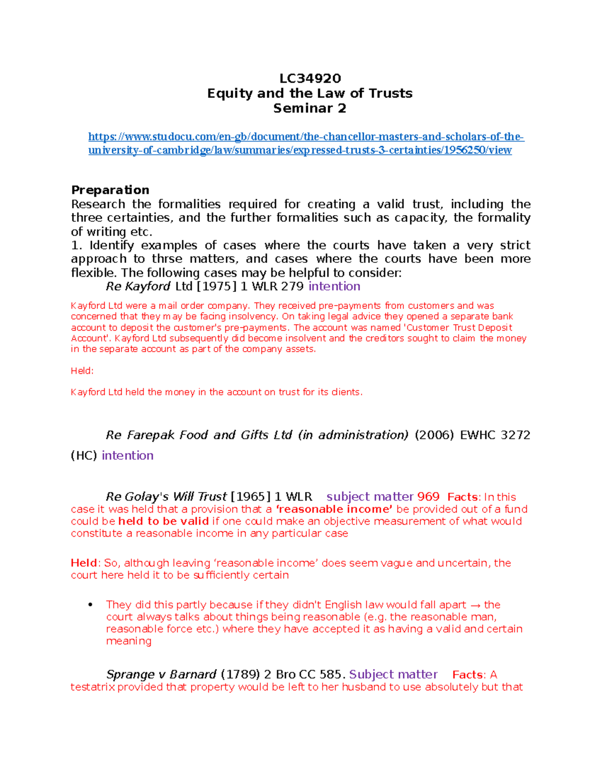 Seminar 2 Formalities English - LC Equity and the Law of Trusts Seminar ...
