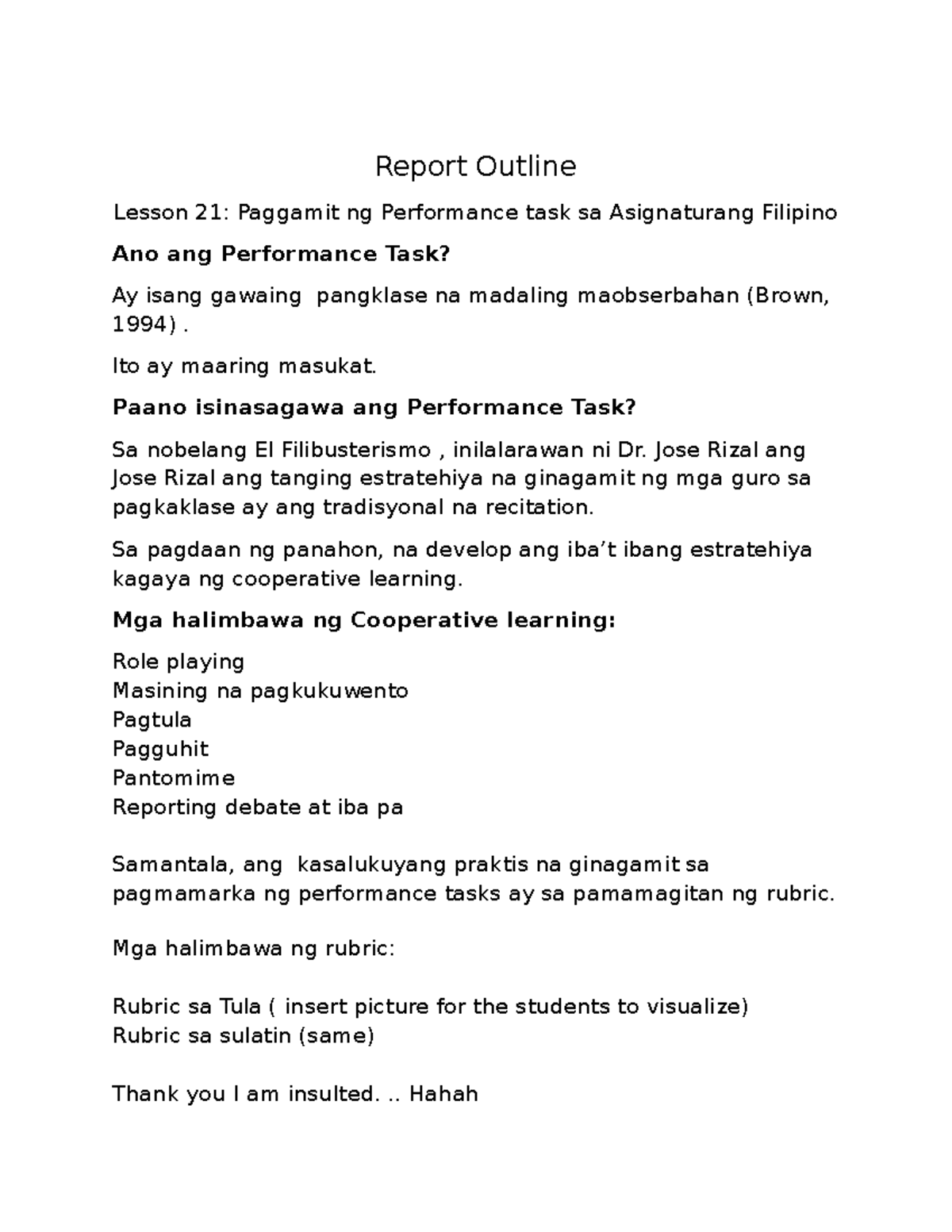 Inbound 966660315850223273 - Report Outline Lesson 21: Paggamit ng ...
