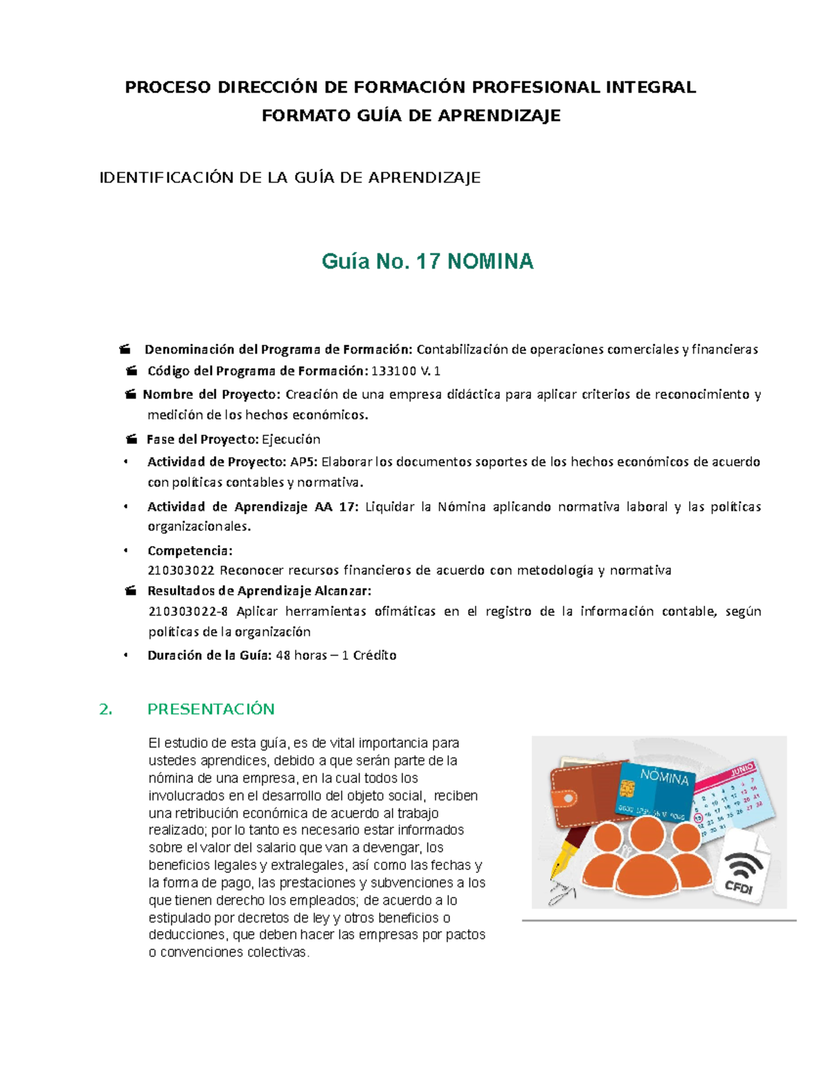 Guía No. 17 Nomina - PROCESO DIRECCIÓN DE FORMACIÓN PROFESIONAL INTEGRAL FORMATO GUÍA DE ...