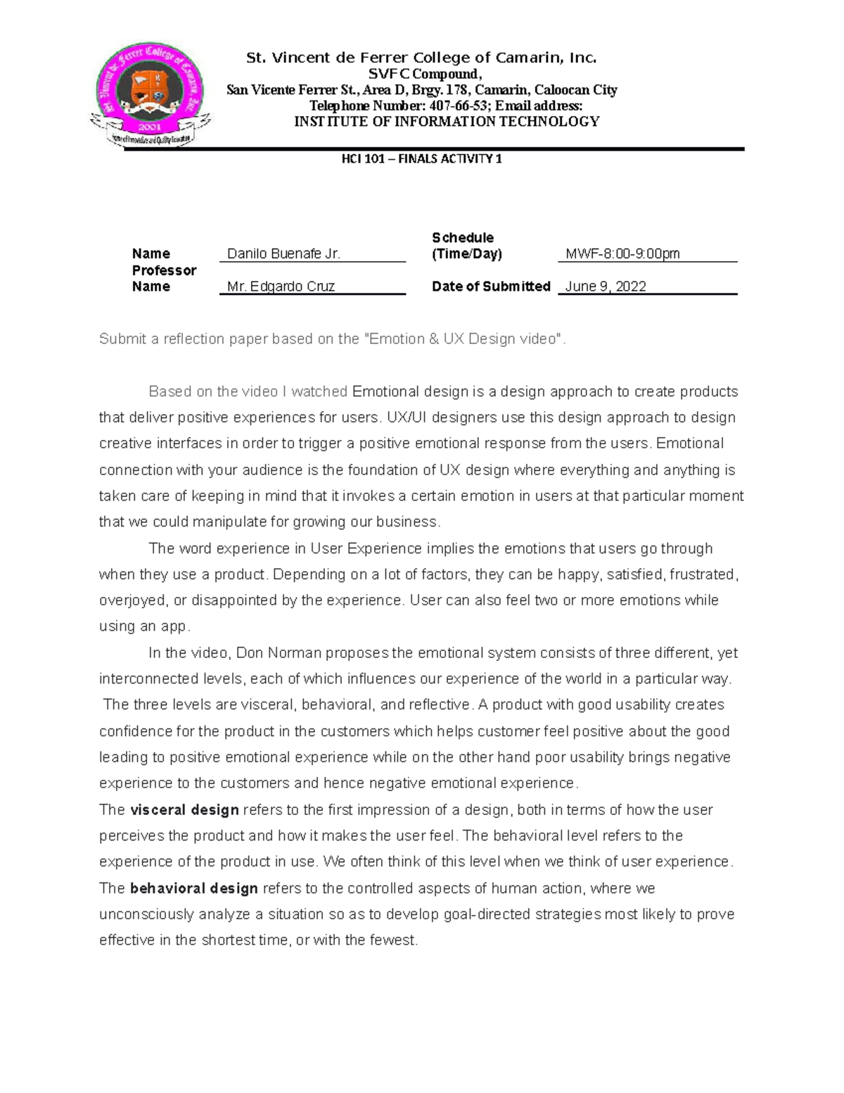 Emotion & UX Design Reflection Paper - St. Vincent de Ferrer College of ...
