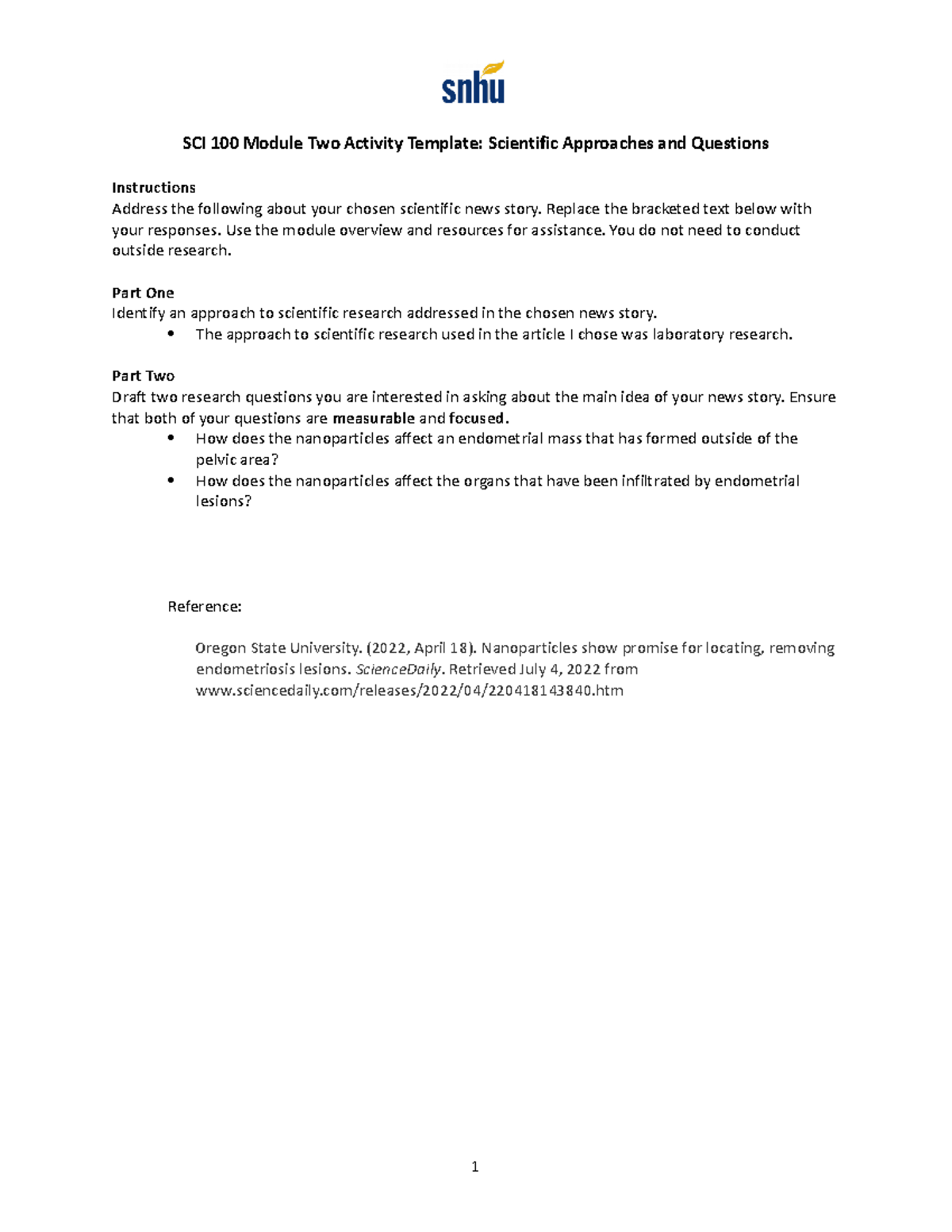 SCI 100 Module Two Activity Template - Replace the bracketed text below ...