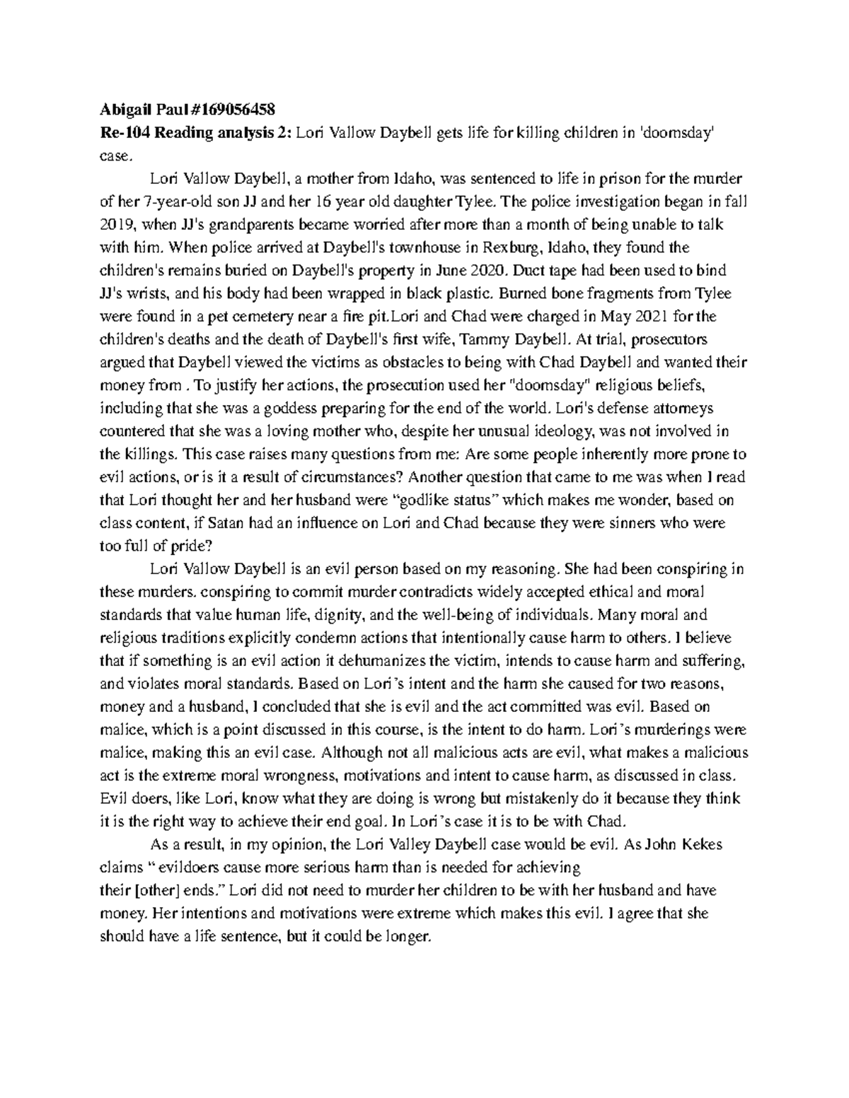 Re104 reading analysis 2 - Abigail Paul # Re-104 Reading analysis 2 ...