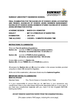 Mkt1014jul15 - Exercise - UNIVERSITY SUNWAY UNIVERSITY BUSINESS SCHOOL ...