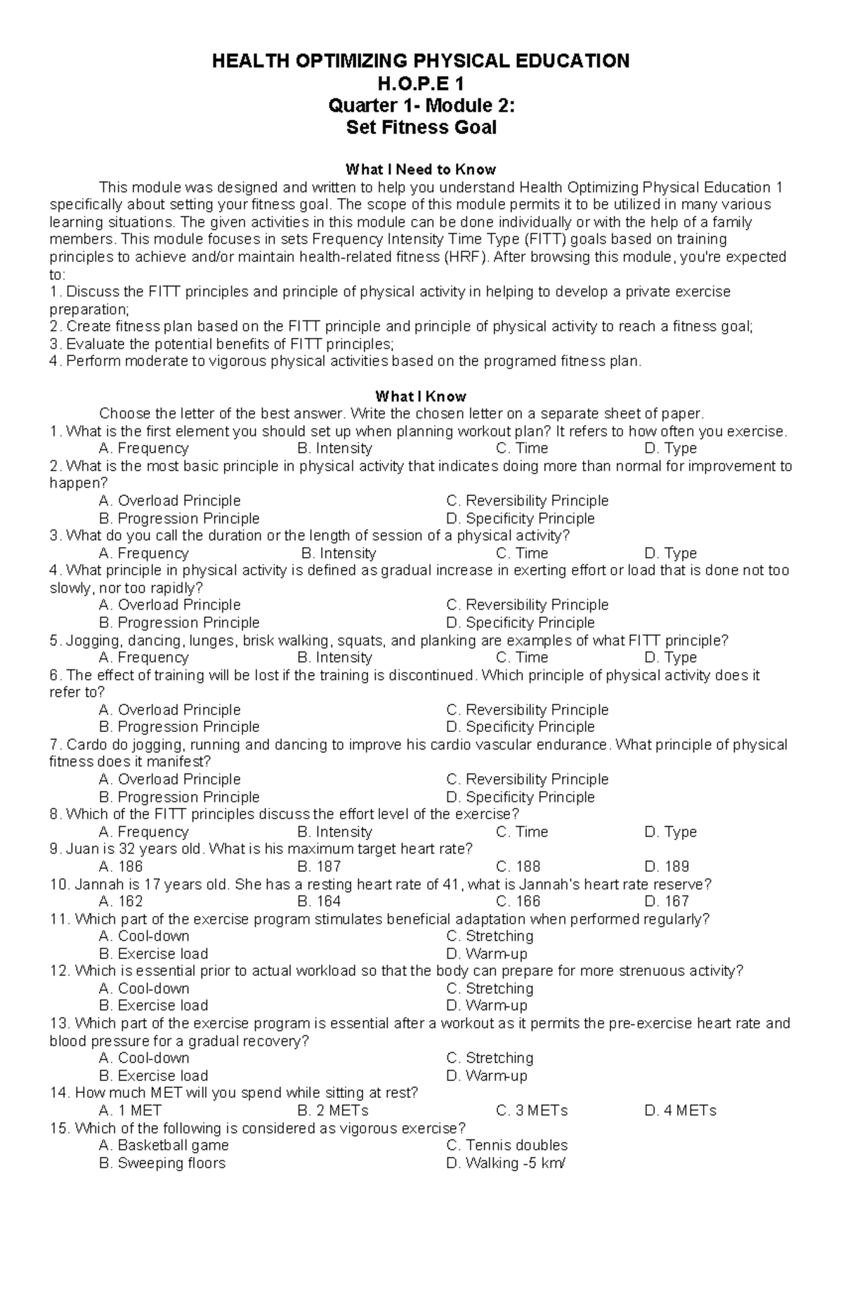 HOPE - Lesson Chapter - HEALTH OPTIMIZING PHYSICAL EDUCATION H.O.P 1 Quarter 1- Module 2: Set ...