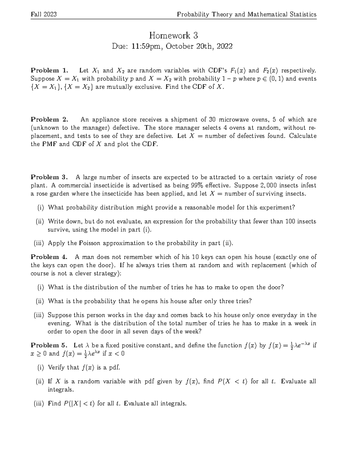 Probability and Mathematical Statistics HW-3 - Fall 2023 Probability Theory and Mathematical ...