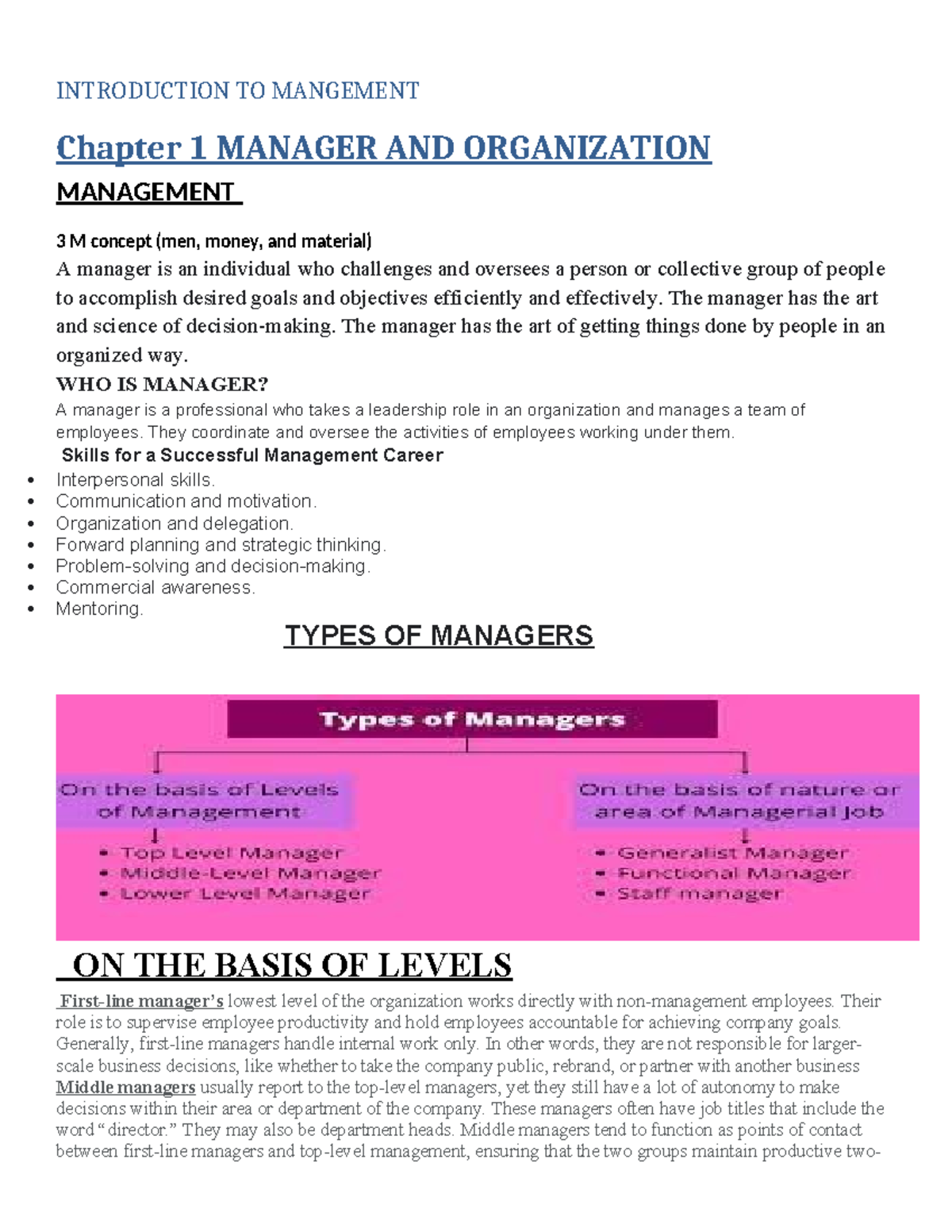 ITM Chapter 1 - MMMMM - ####### INTRODUCTION TO MANGEMENT Chapter 1 ...