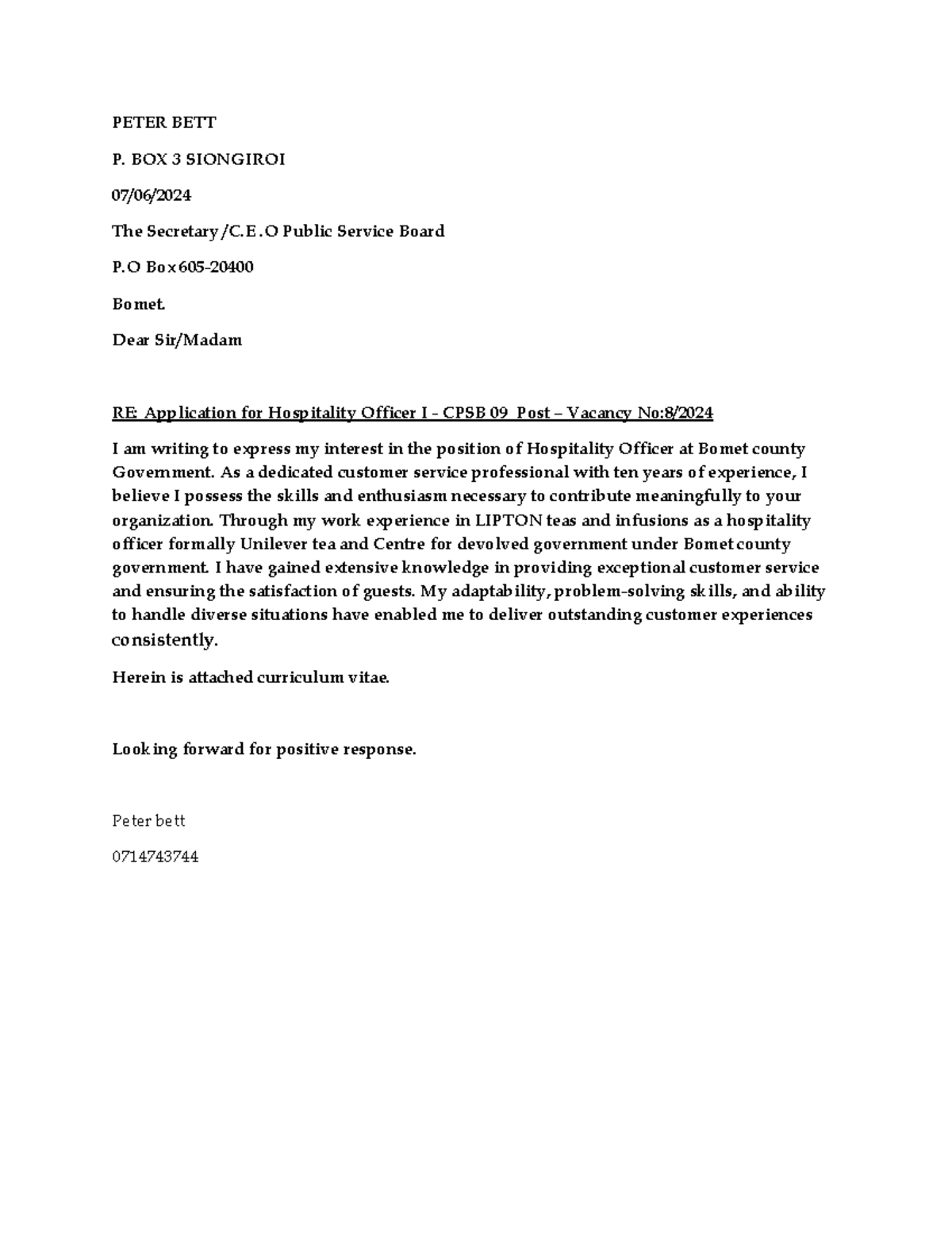Peter BETT application letter bomet - PETER BETT P. BOX 3 SIONGIROI 07 ...